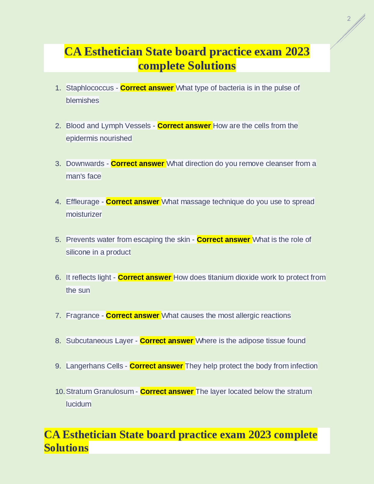 CA Esthetician State board practice exam 2023 complete Solutions ...