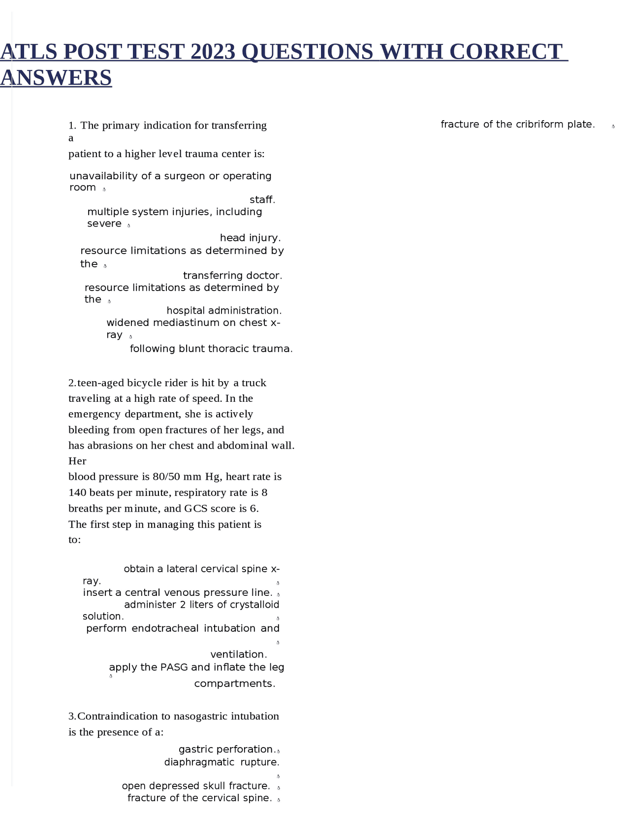 ATLS POST TEST 2023 QUESTIONS WITH CORRECT ANSWERS | Exams Nursing ...