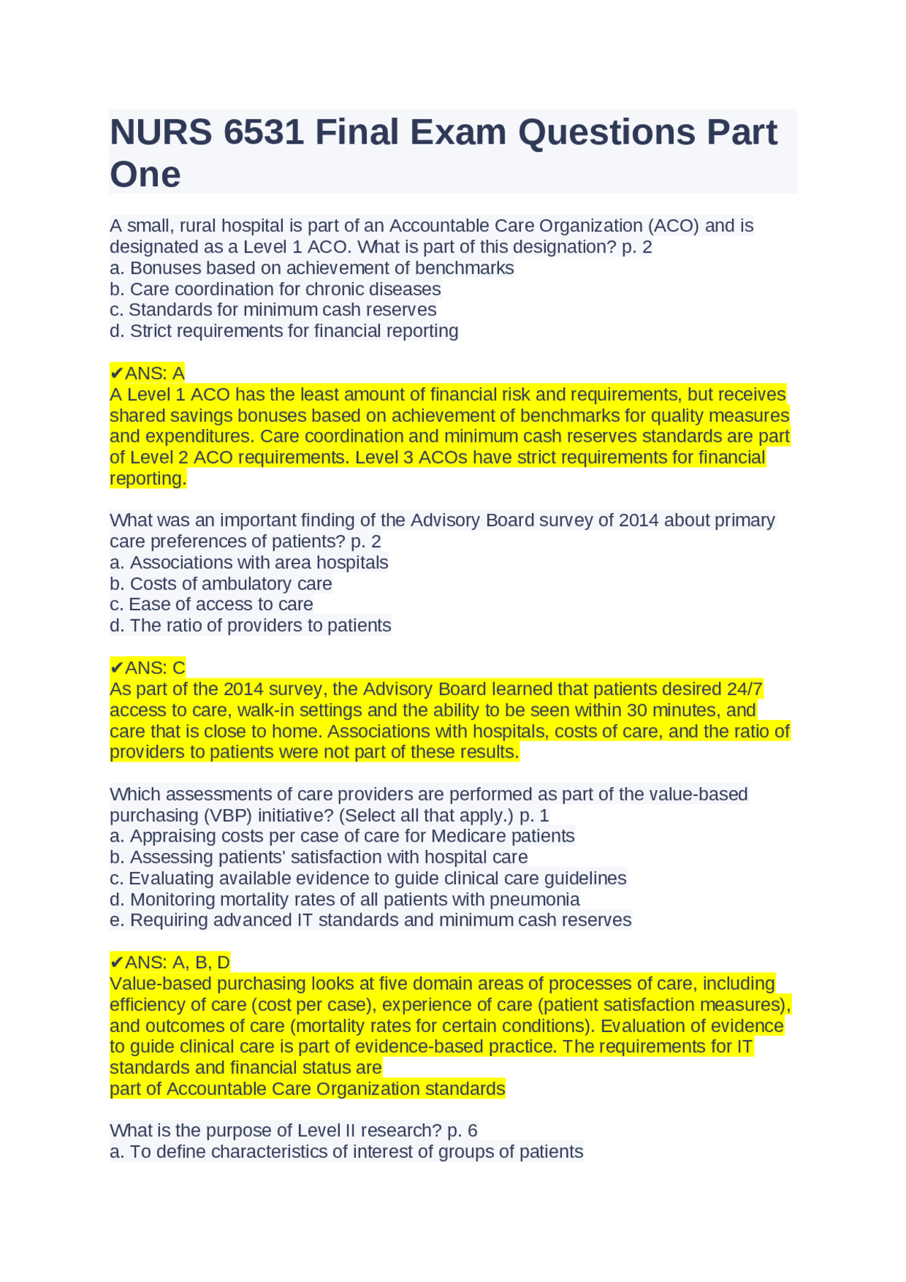 NURS 6531 Final Exam Questions Part One | Exams Nursing | Docsity