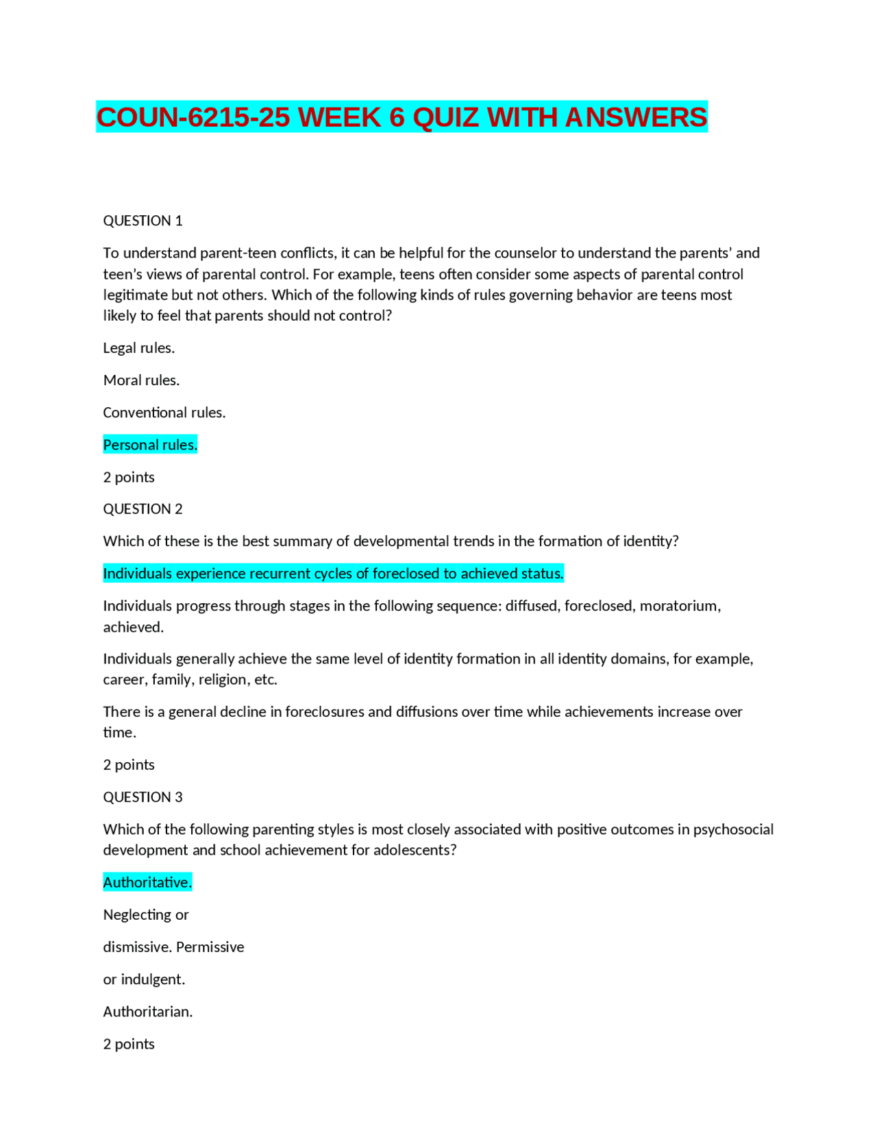 Coun 6215 25 Week 6 Quiz With Answers Exams Nursing Docsity