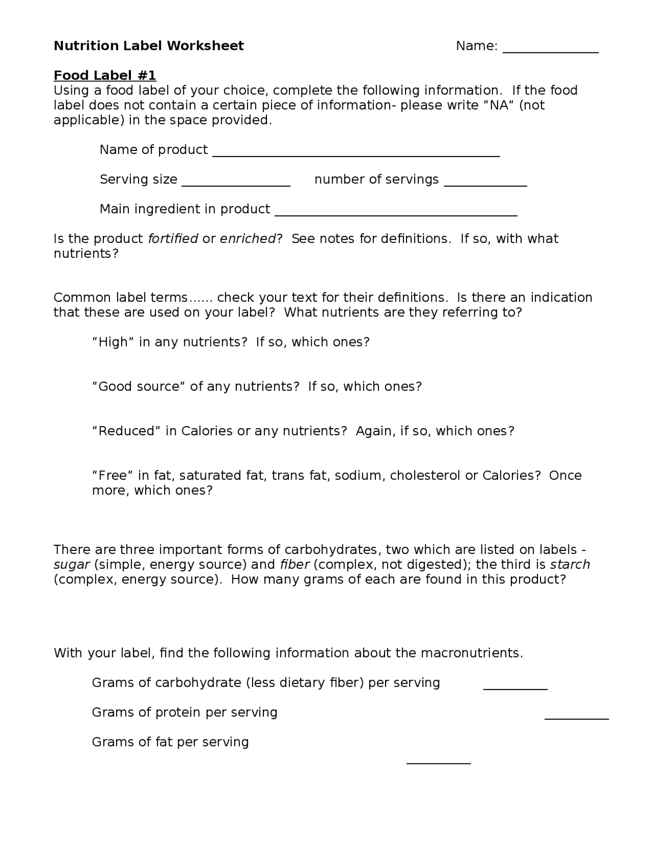 Nutrition label_Biology | Exercises Biology | Docsity
