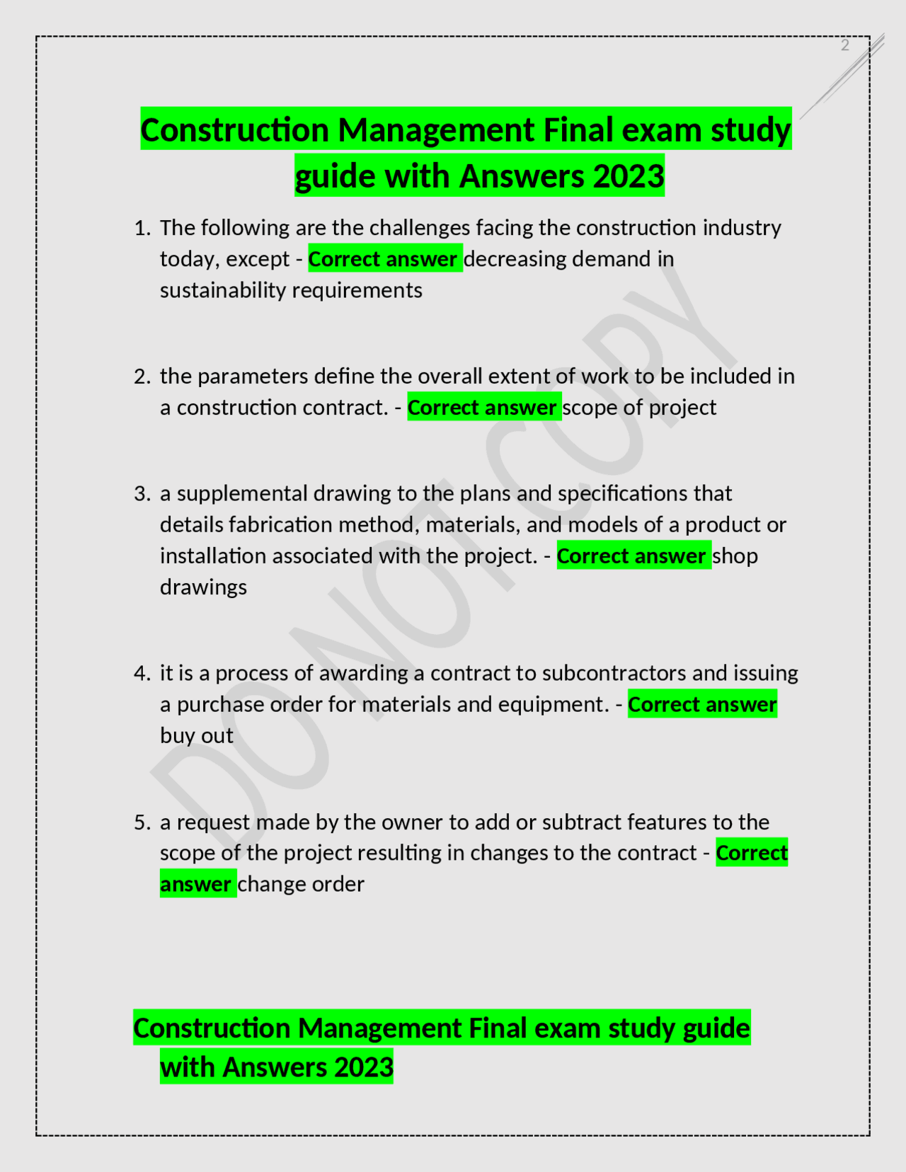 Construction Management Final exam study guide with Answers 2023 ...