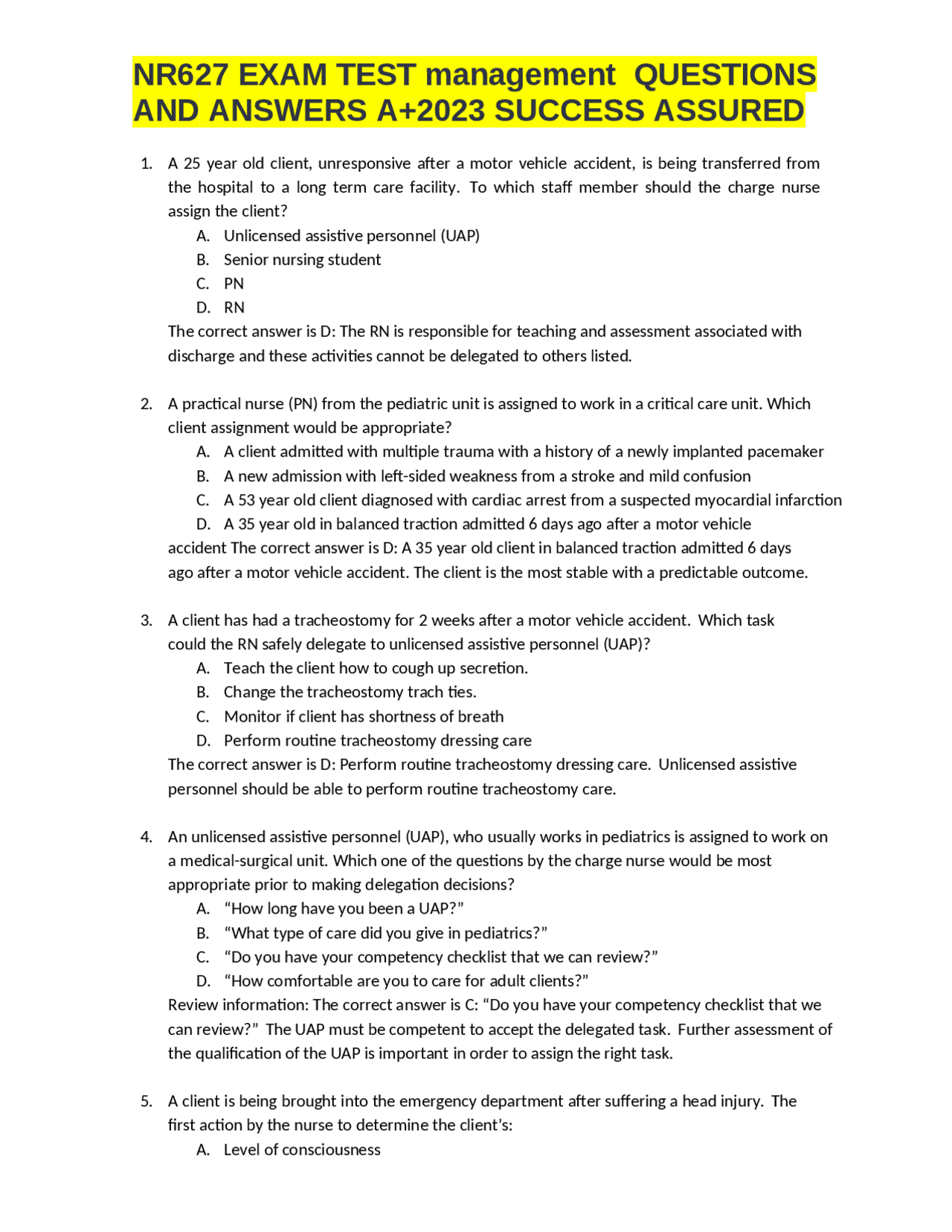 Nr627 Exam Test Management Questions And Answers A2023 Success Assured