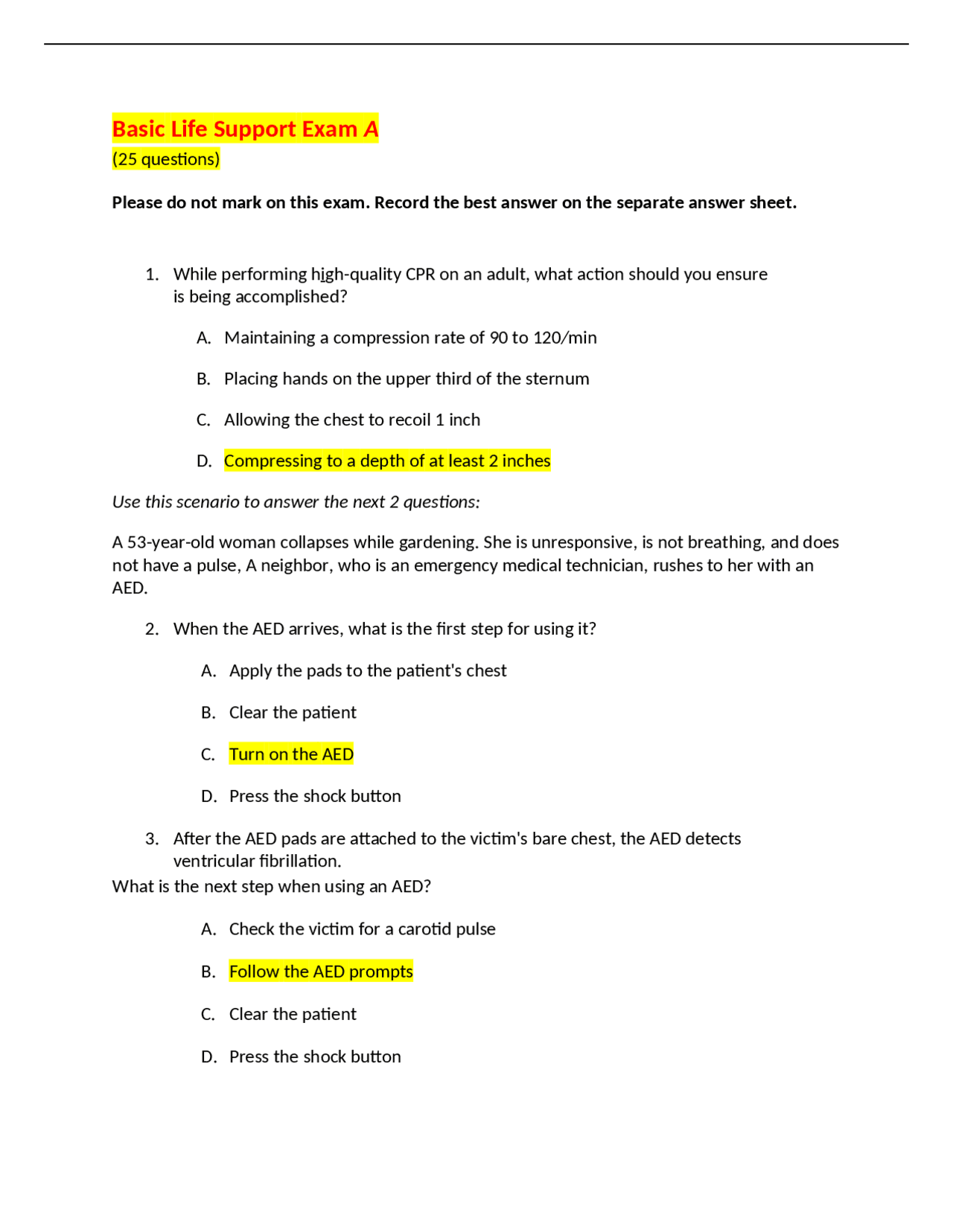 Basic Life Support Exam A Exams Nursing Docsity
