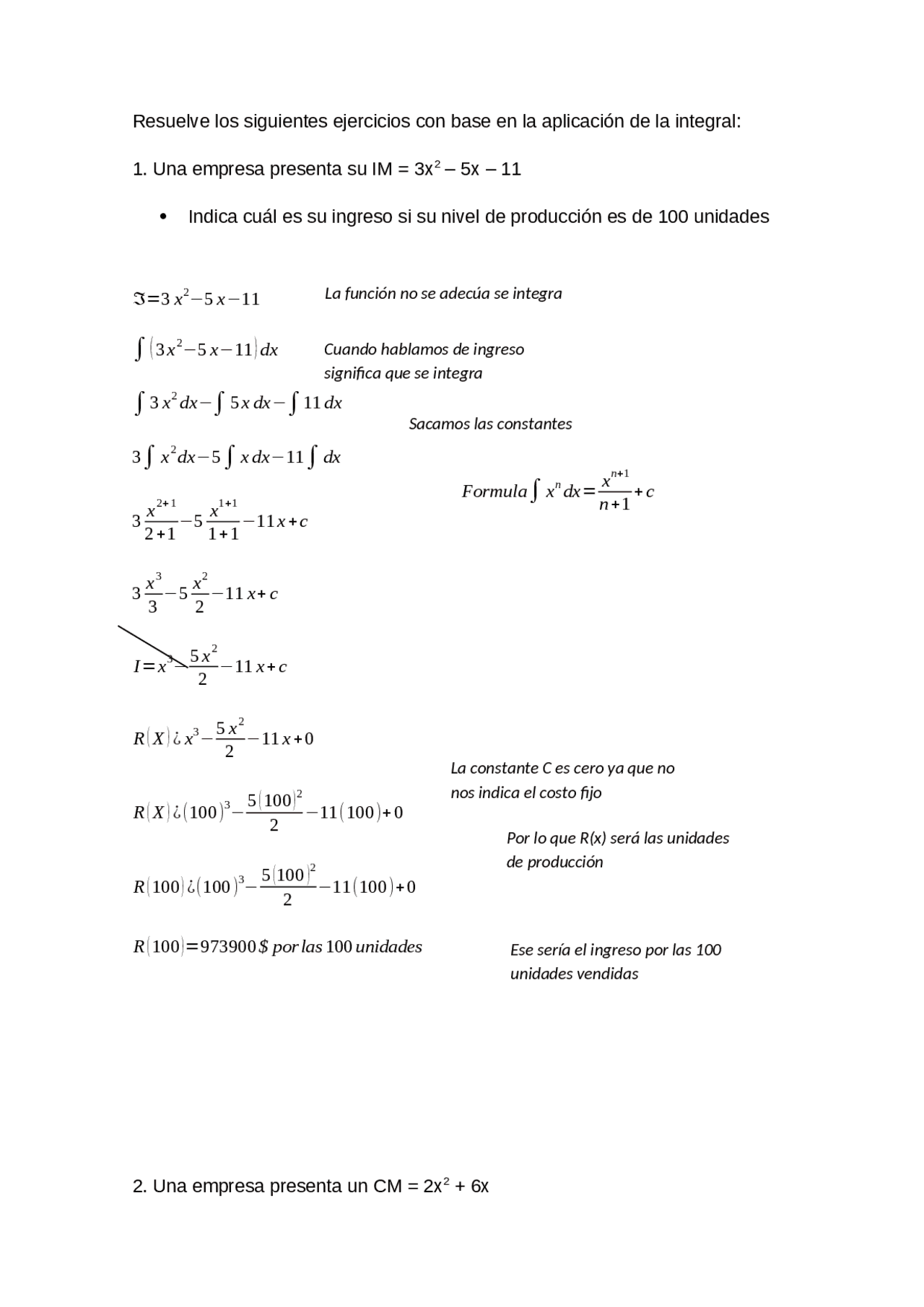 Ejercicio de aplicación a la integral | Ejercicios de Matemáticas Aplicadas | Docsity