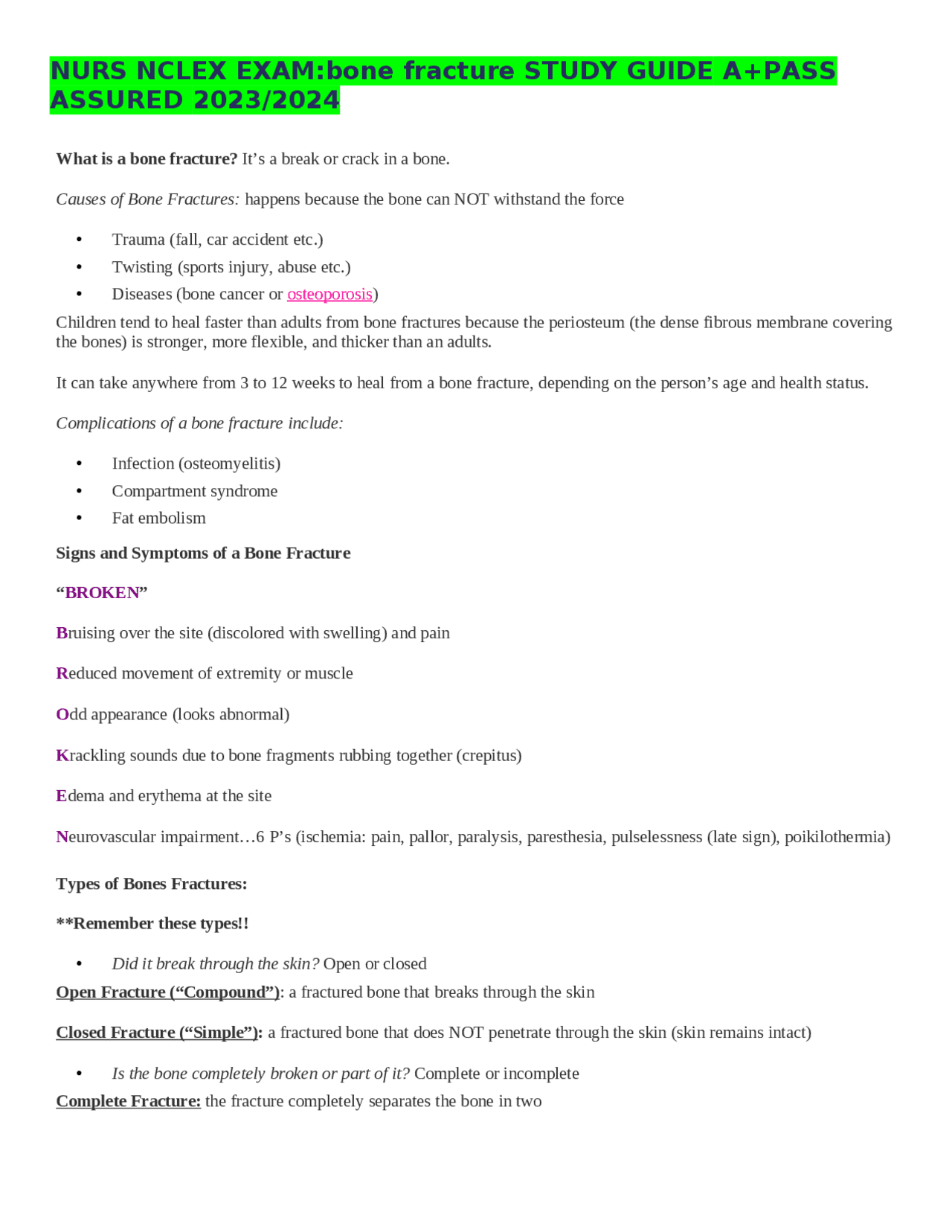 NURS NCLEX EXAM:bone fracture STUDY GUIDE A+PASS ASSURED 2023/2024 ...