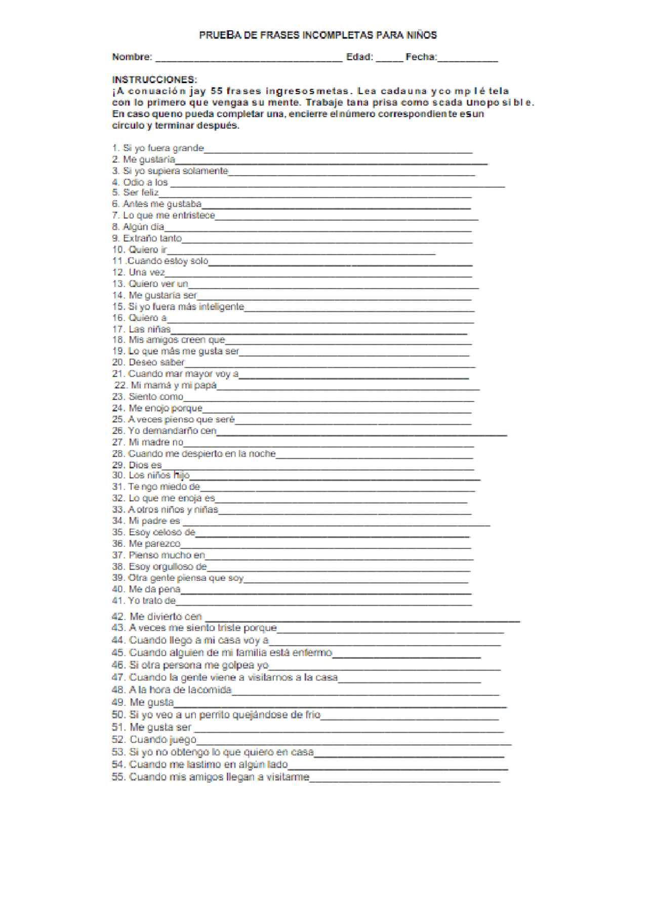 Frases incompletas sack | Diapositivas de Psicología Dinámica | Docsity