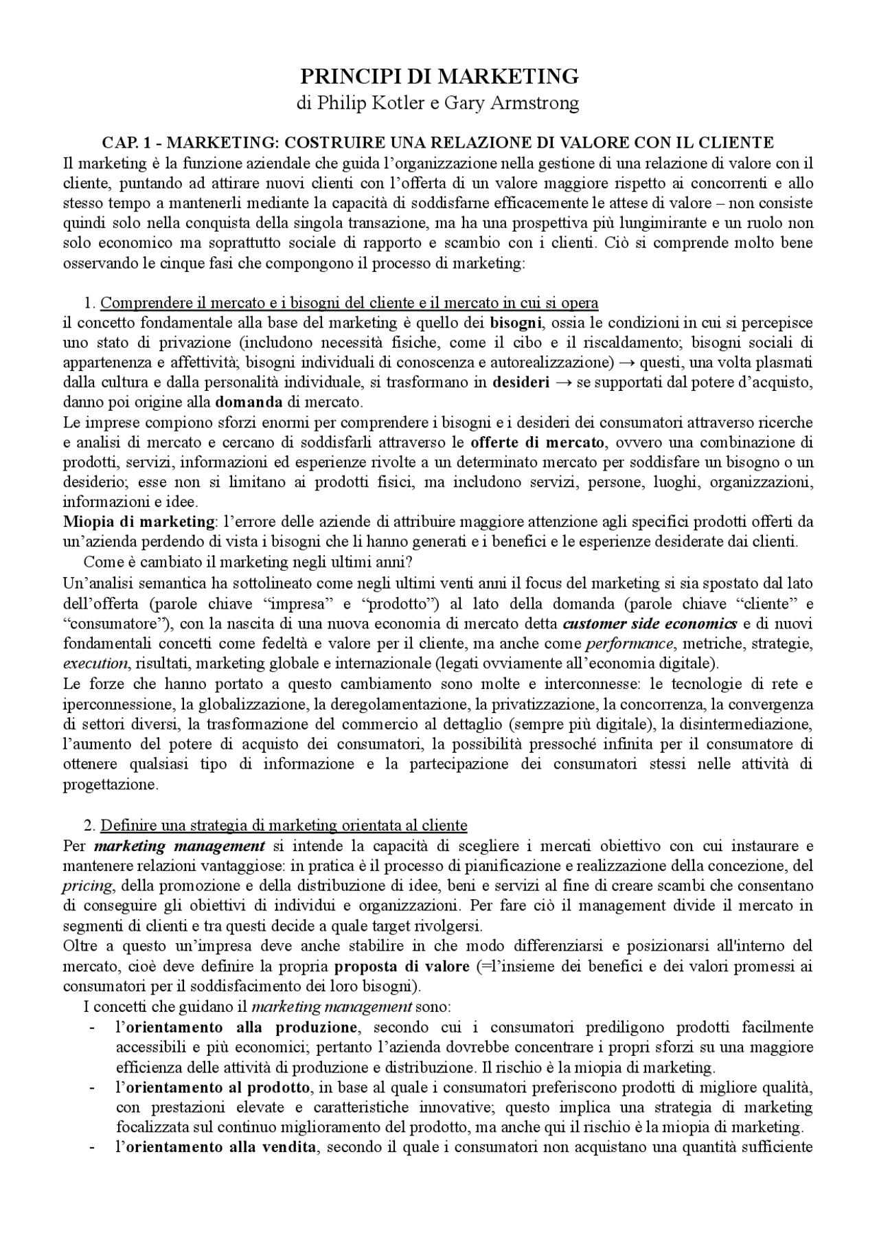 Riassunto Completo Di Principi Di Marketing Di P Kotler E G Armstrong