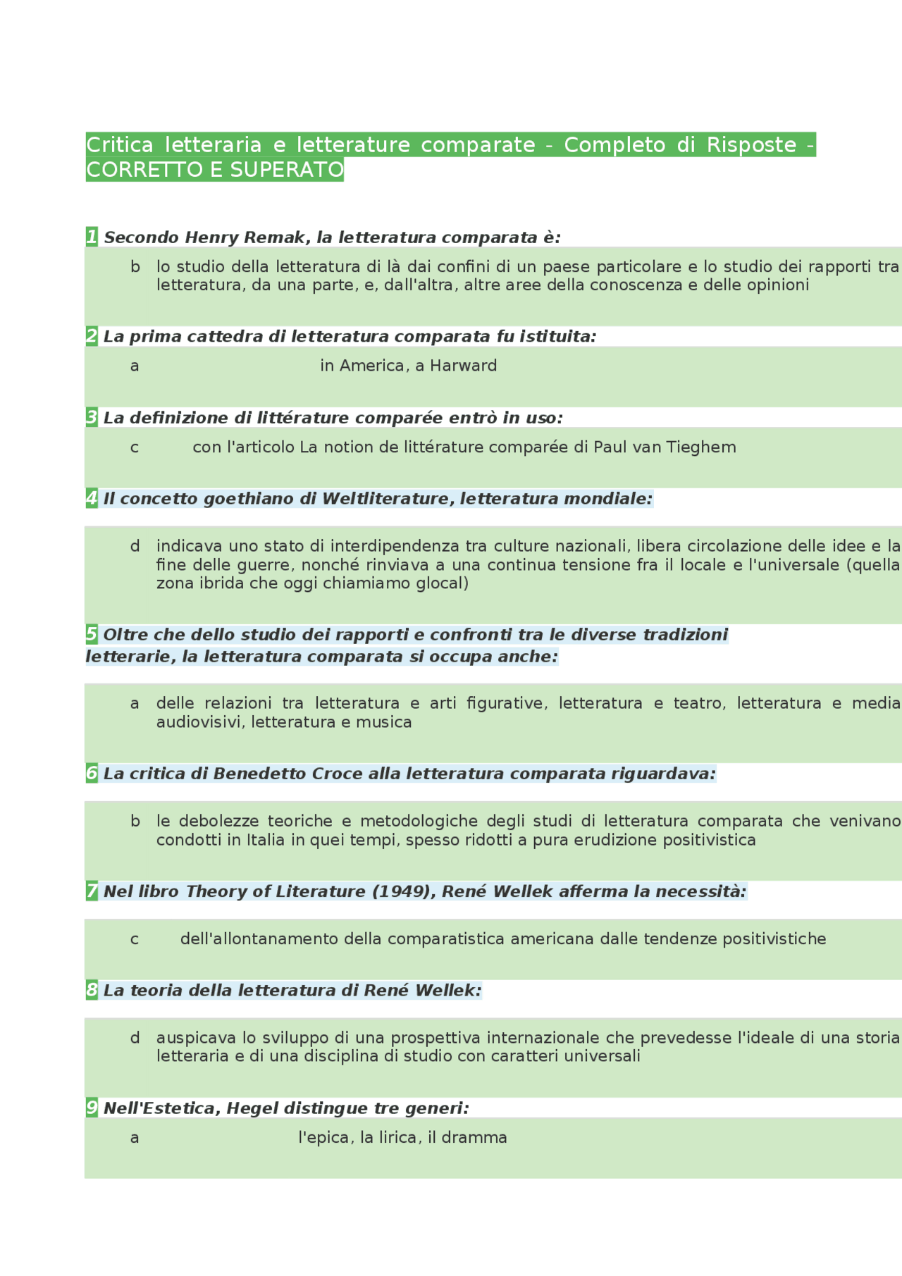 Critica letteraria e letterature comparate - Completo di Risposte - CORRETTO E SUPERATO ...