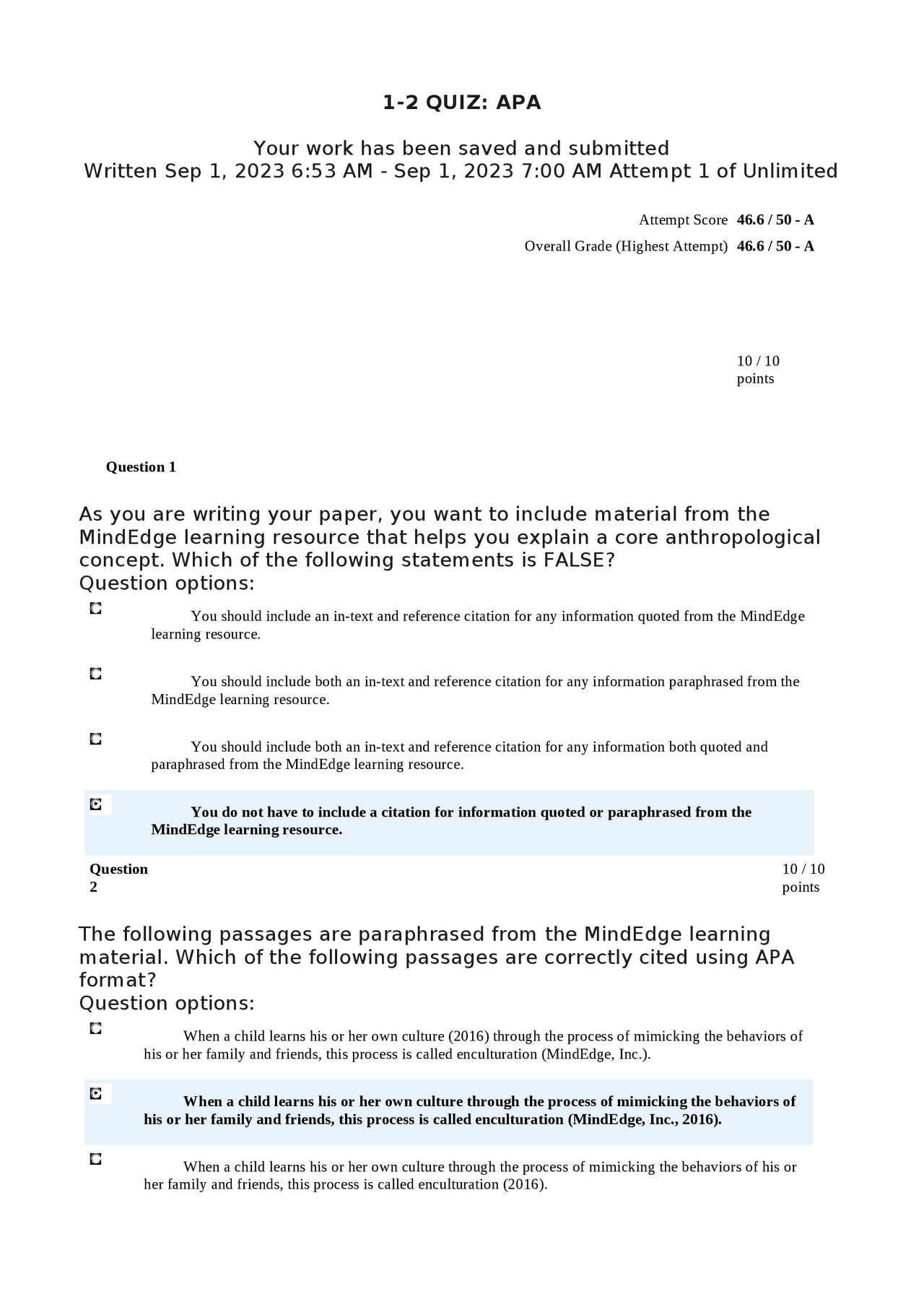 Cultural Anthropology 1-2 Quiz APA | Quizzes Introduction to Cultural ...