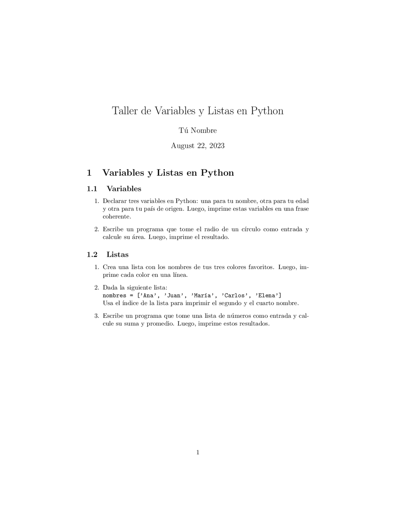 Taller de Variables y Listas en Python | Ejercicios de Matemáticas | Docsity