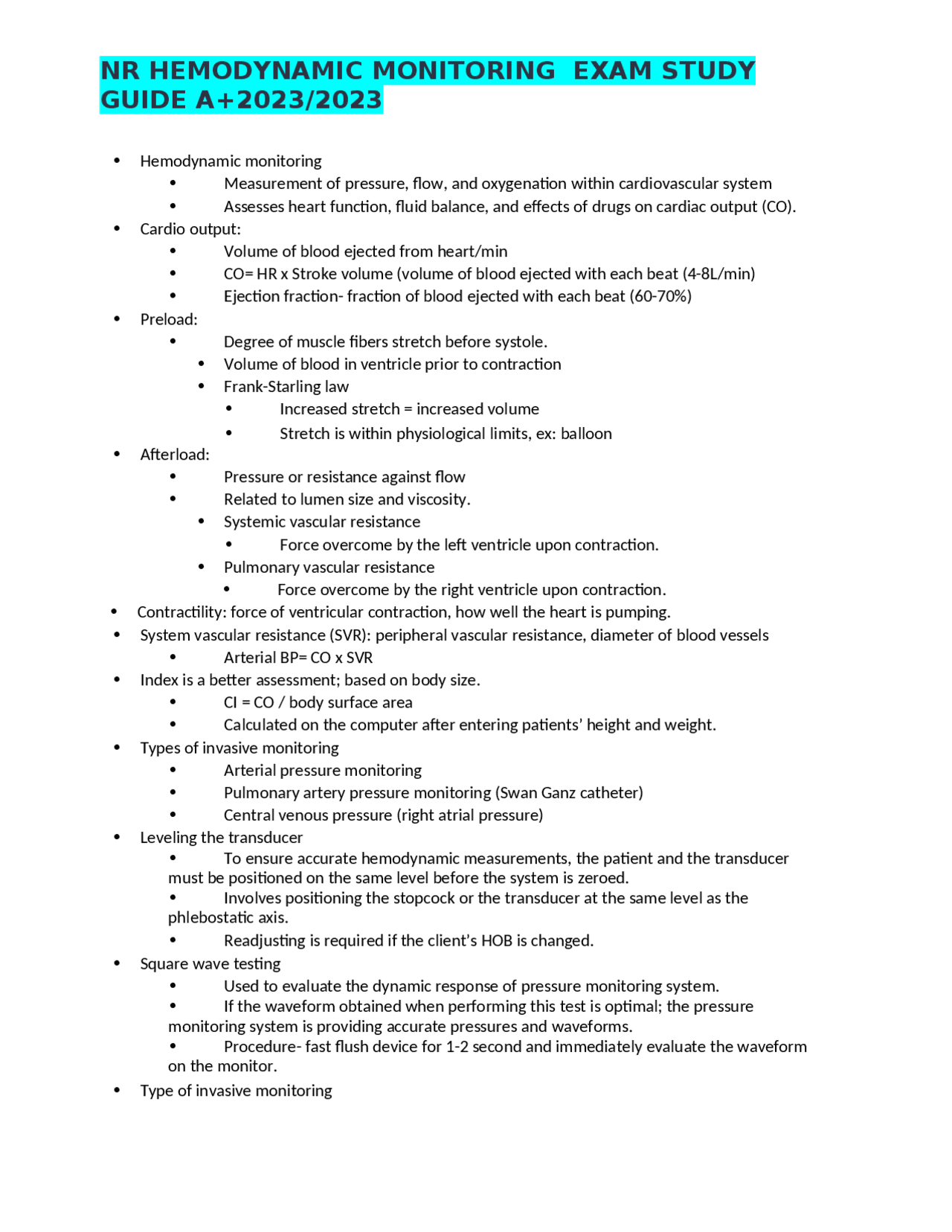 NR HEMODYNAMIC MONITORING EXAM STUDY GUIDE A+2023/2023 | Exams Nursing ...
