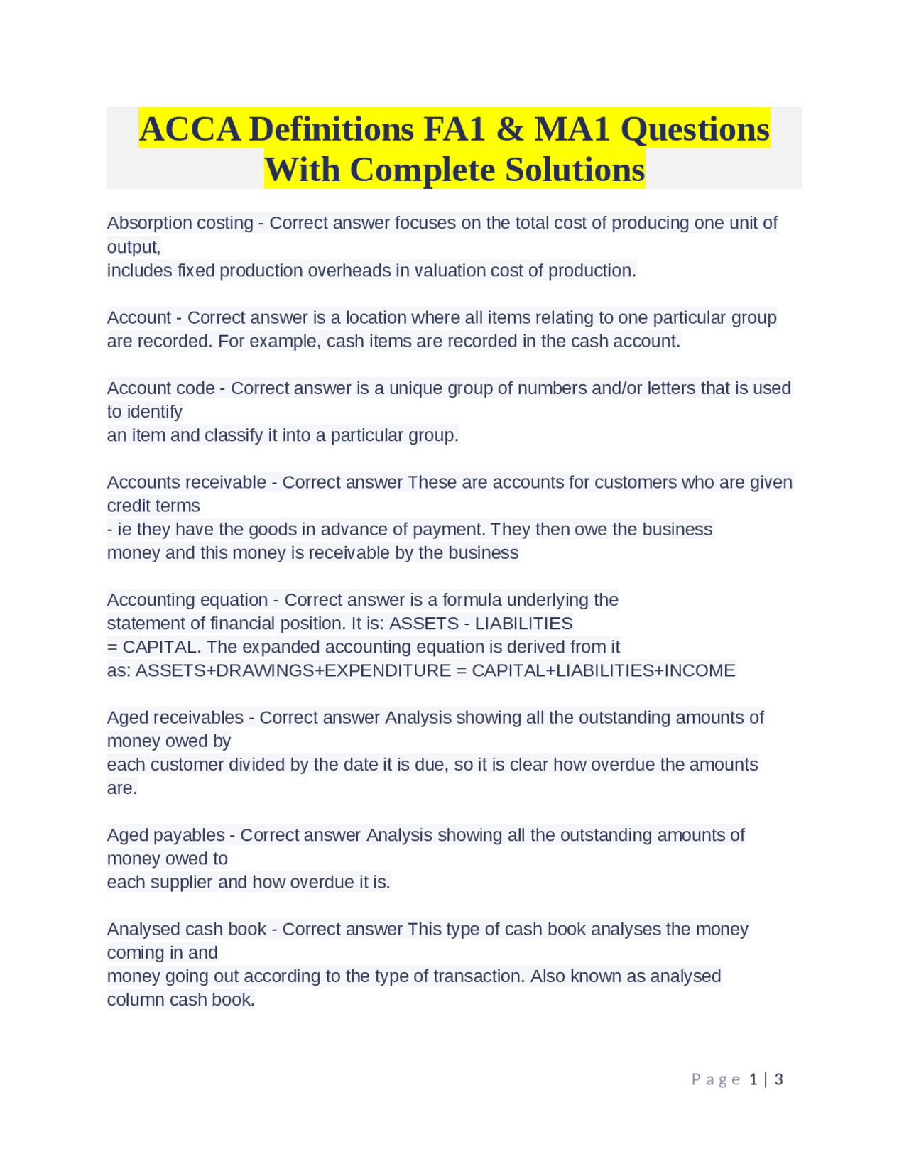 ACCA Definitions FA1 & MA1 Questions With Complete Solutions | Exams ...