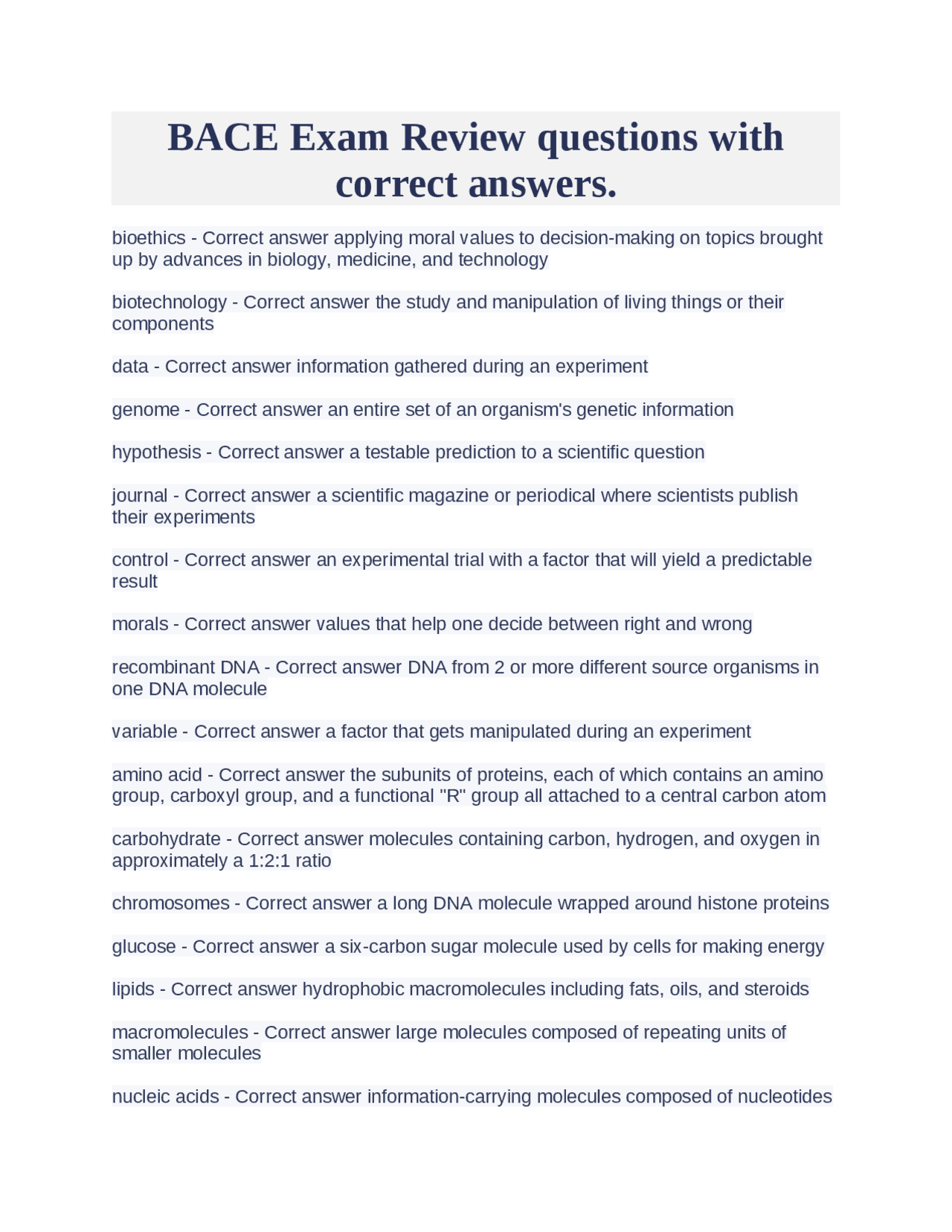 BACE Exam Review questions with correct answers. | Exams Biology | Docsity