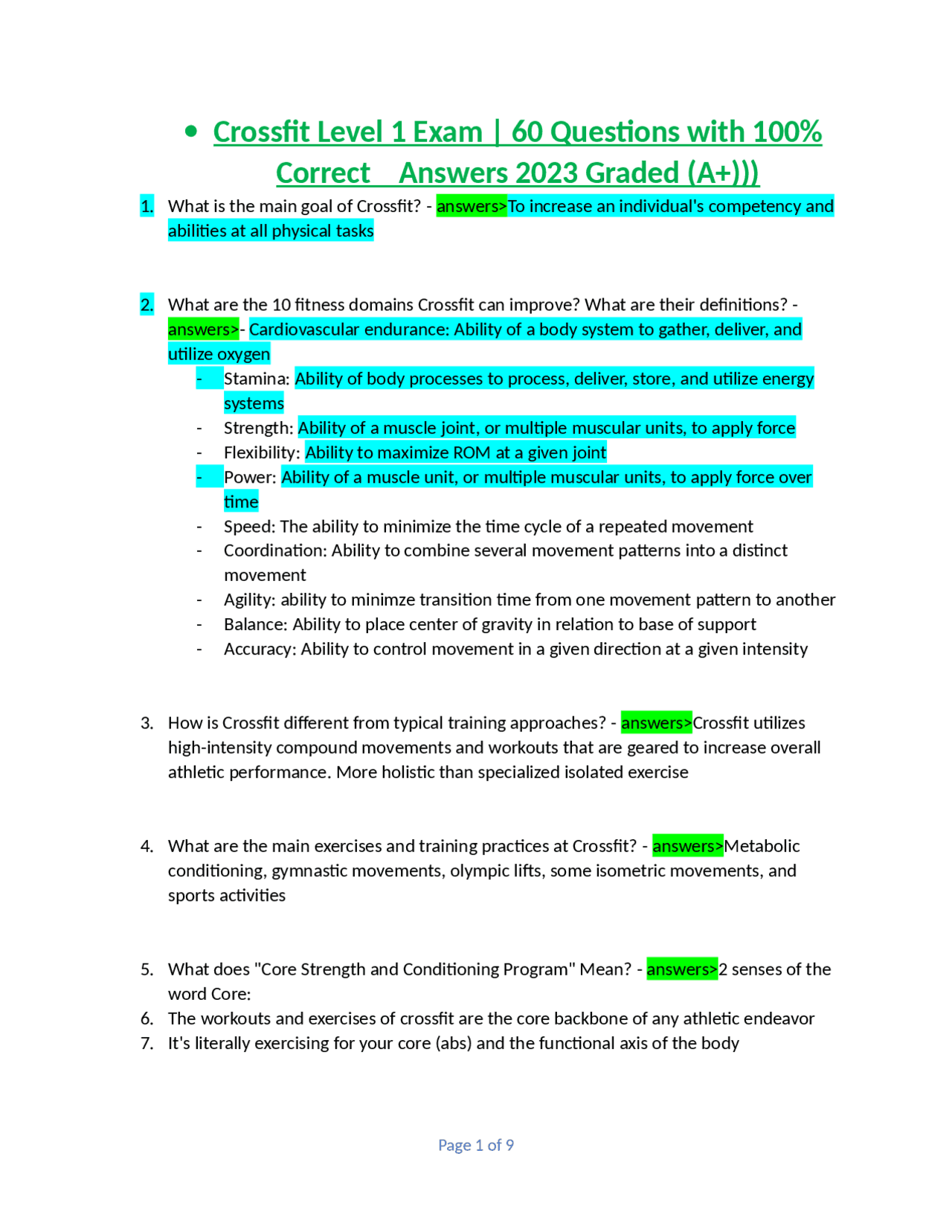 Crossfit Level 1 Exam | 60 Questions with 100% Correct Answers 2023 ...