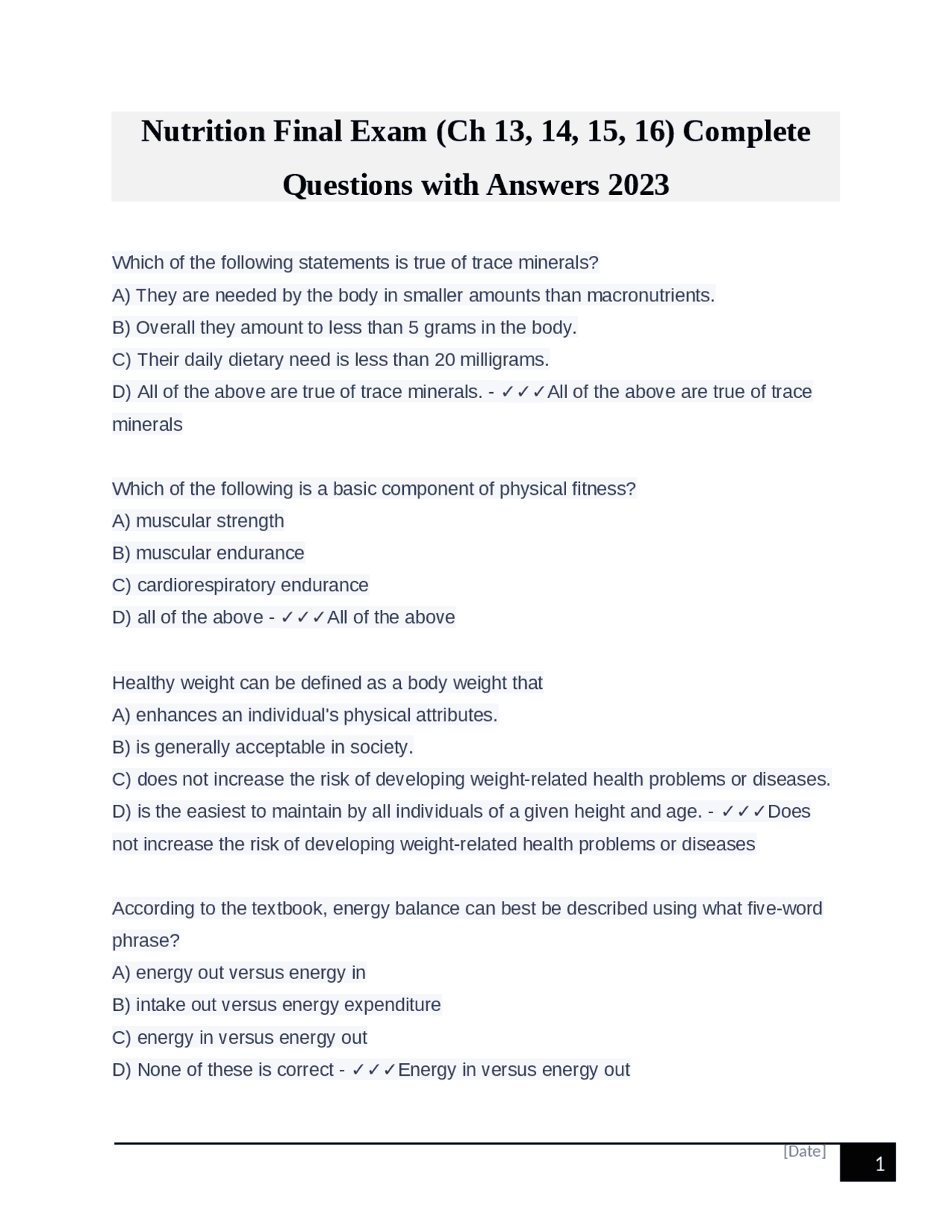 Nutrition Final Exam (Ch 13, 14, 15, 16) Complete Questions with ...