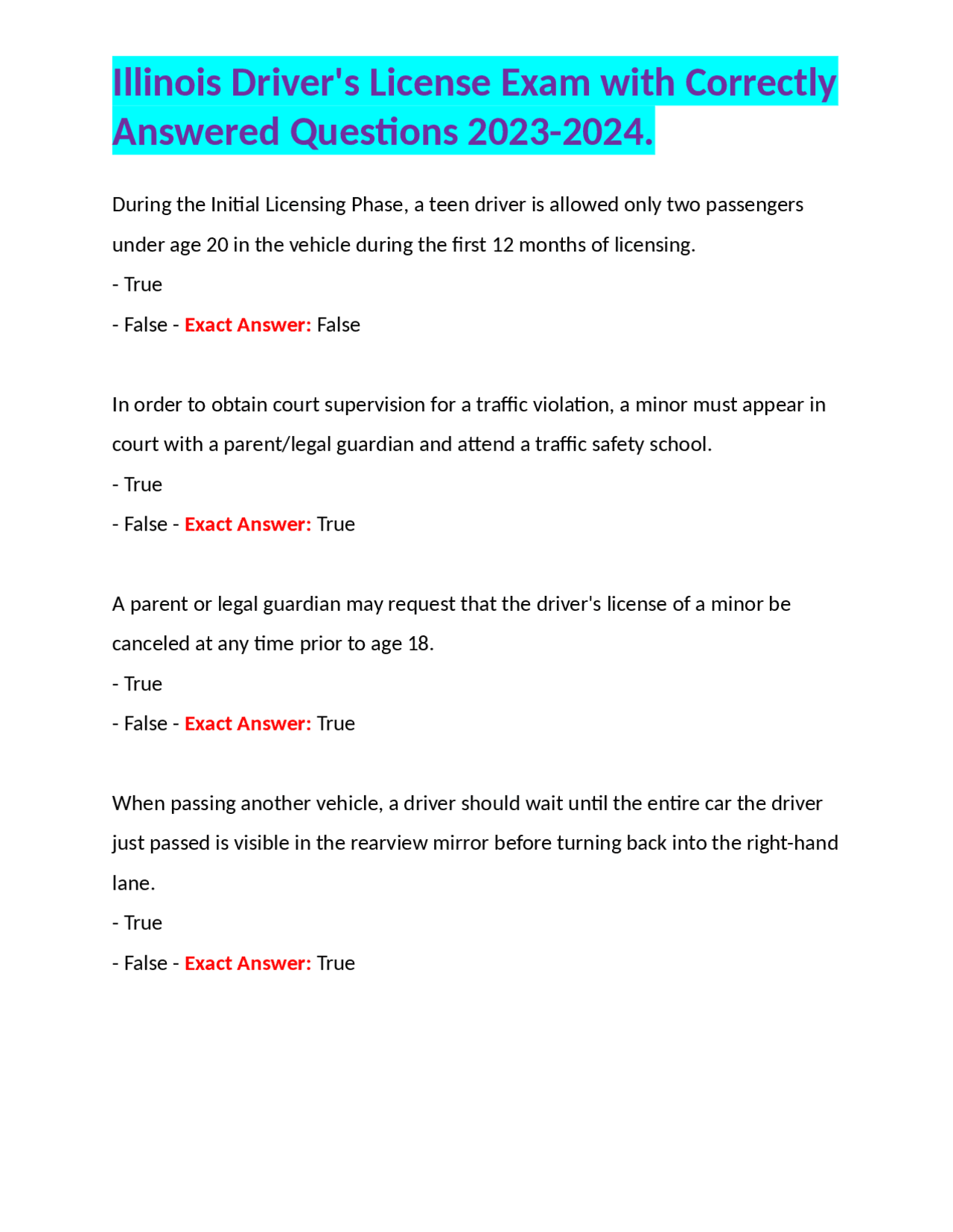 Illinois Driver's License Exam with Correctly Answered Questions 2023 ...