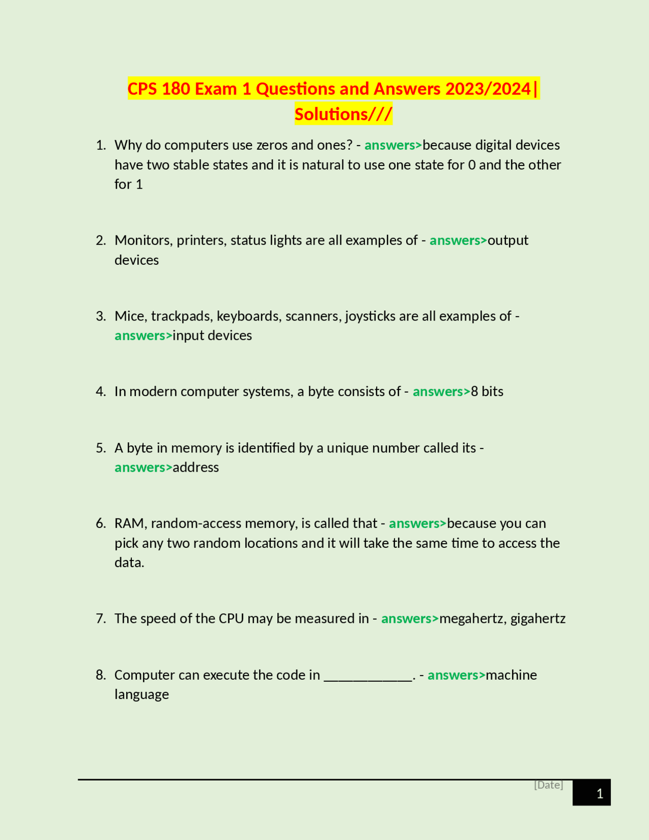 Cps 180 Exam 1 Questions And Answers 20232024solutions Exams Nursing Docsity