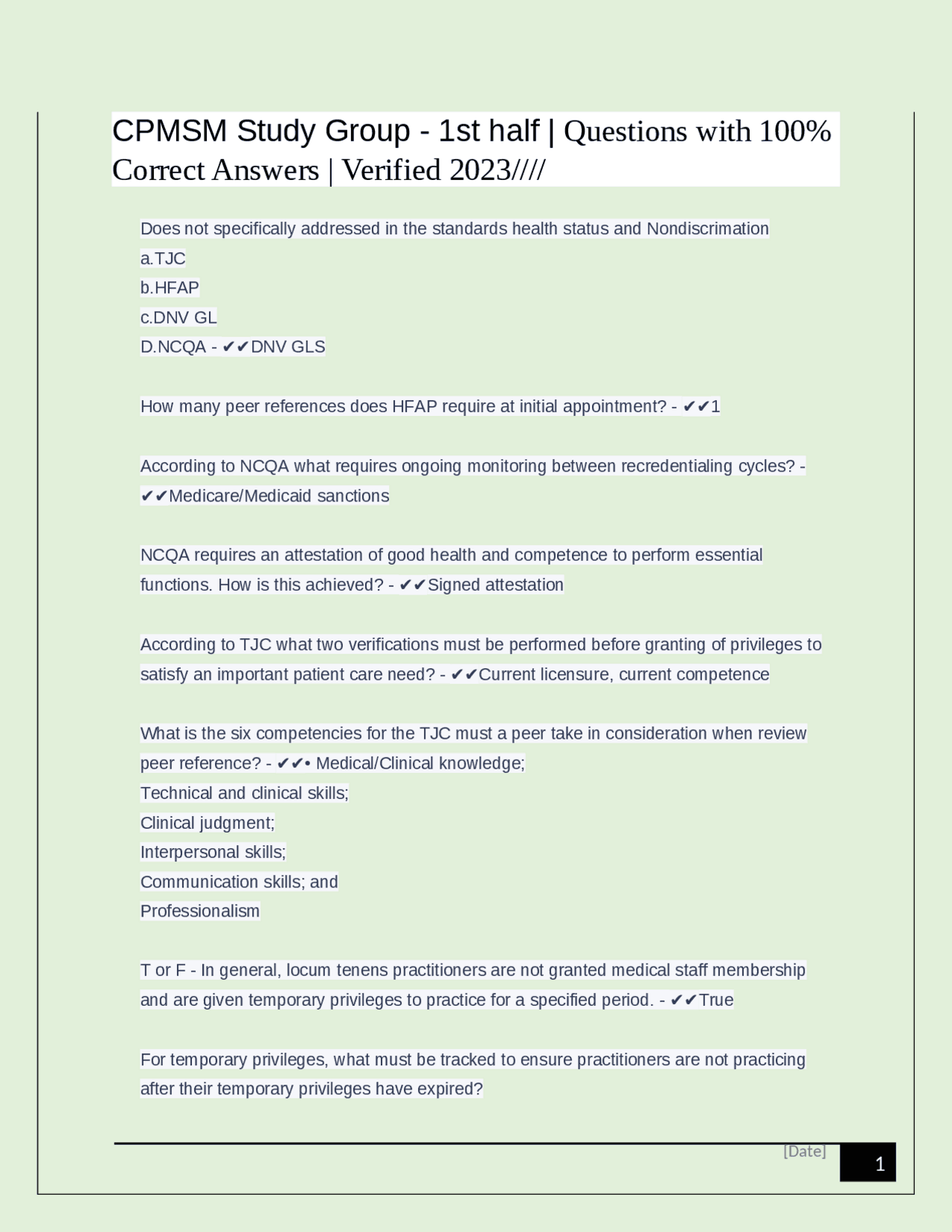 CPMSM Study Group - 1st half | Questions with 100% Correct Answers ...
