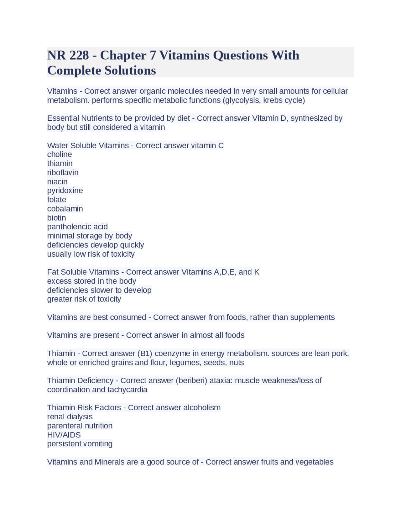 Nr 228 Chapter 7 Vitamins Questions With Complete Solutions Exams