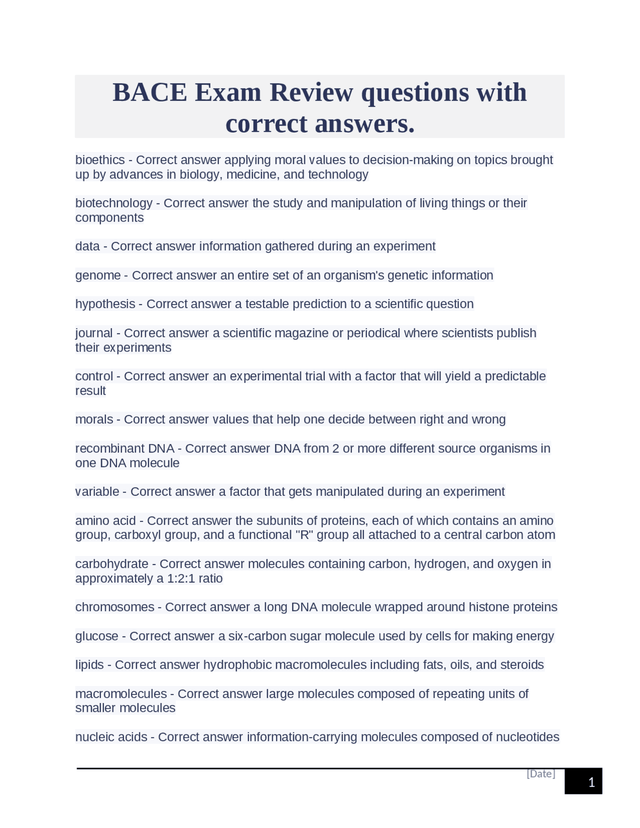 BACE Exam Review questions with correct answers. | Exams Biology | Docsity