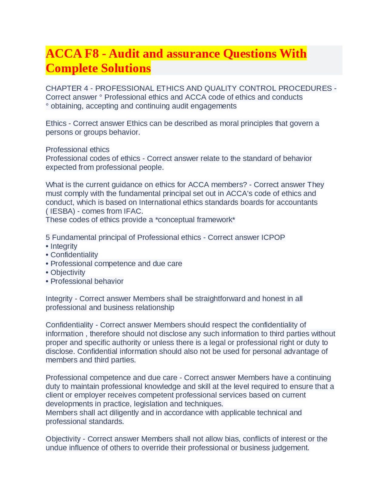 ACCA F8 - Audit and assurance Questions With Complete Solutions | Exams ...