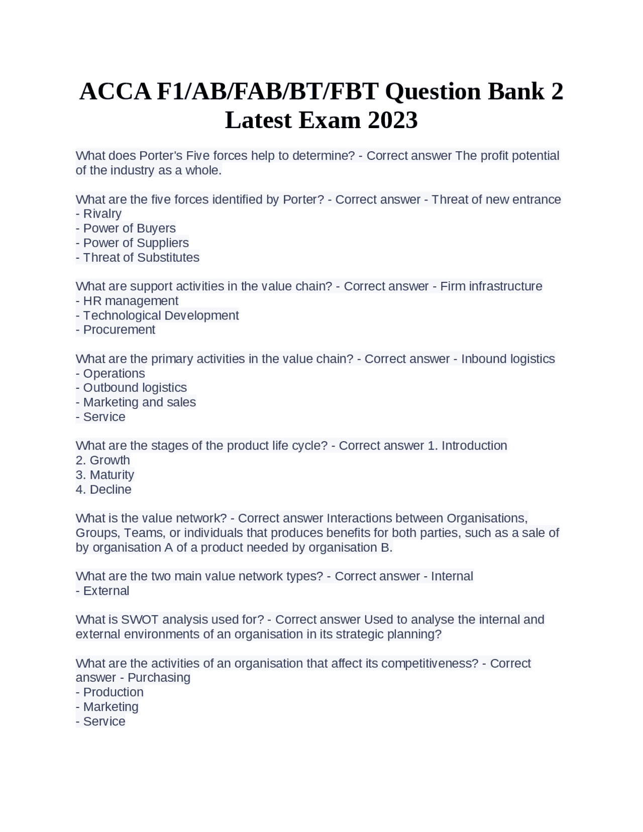 ACCA F1/AB/FAB/BT/FBT Question Bank 2 Latest Exam 2023 | Exams Banking ...