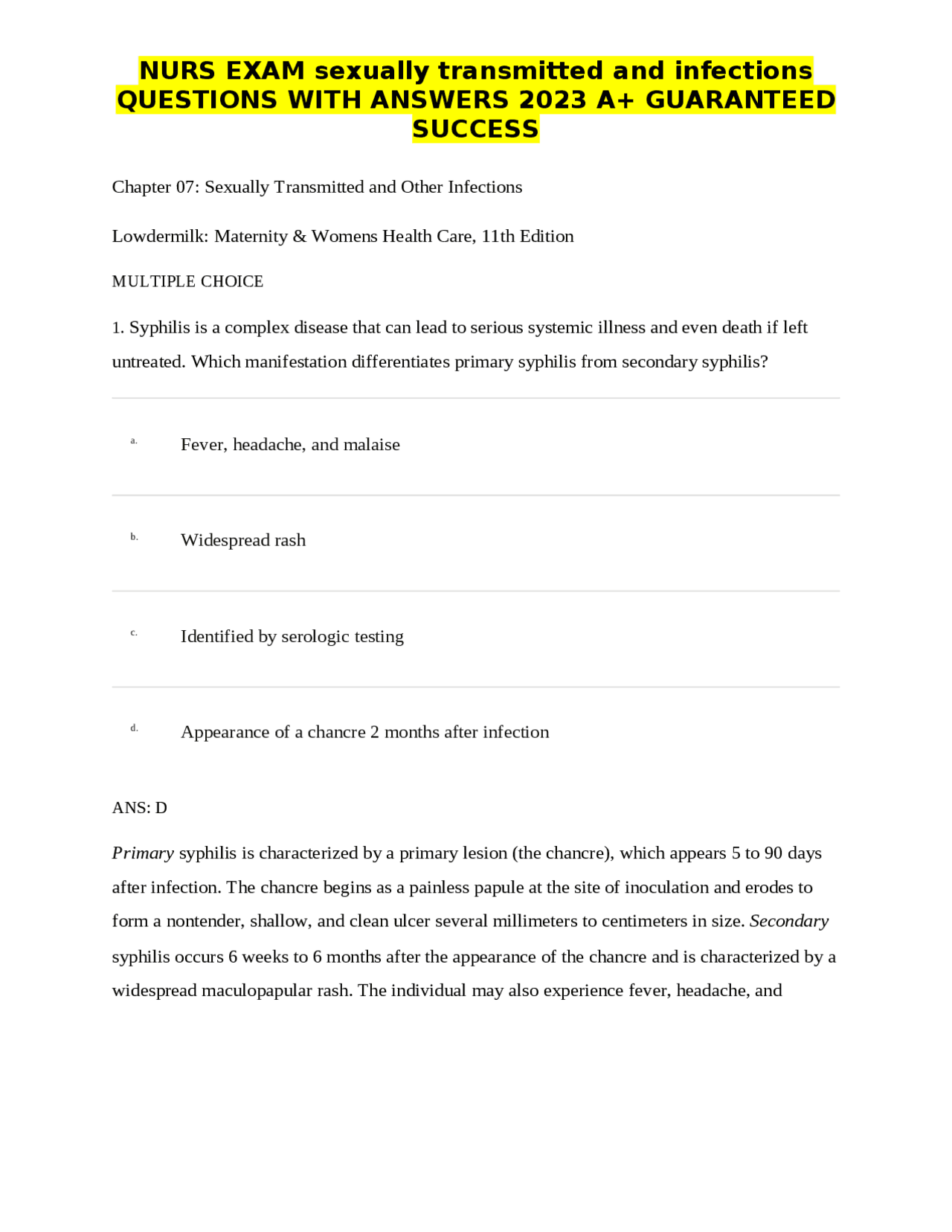 NURS EXAM sexually transmitted and infections QUESTIONS WITH ANSWERS ...