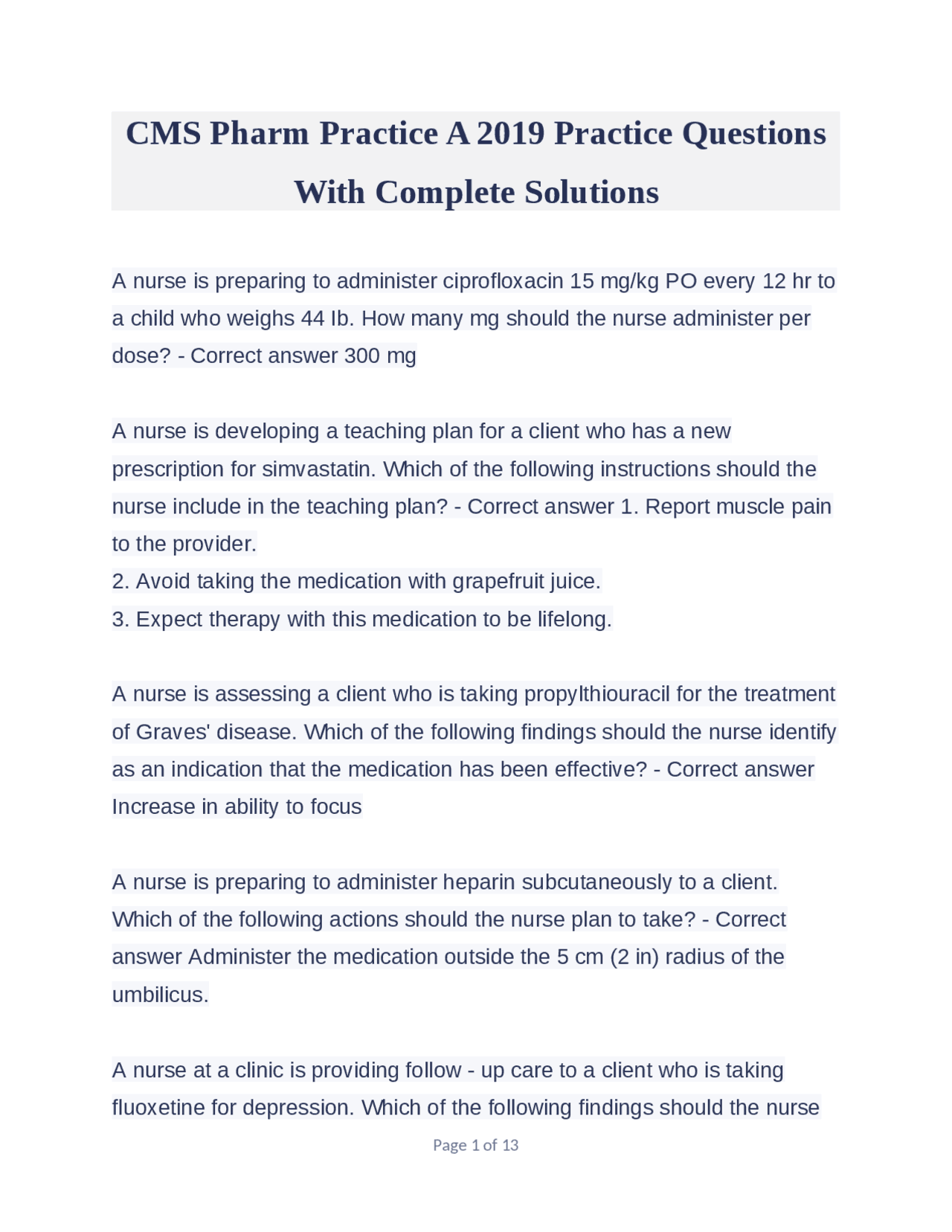 CMS Pharm Practice A 2019 Practice Questions With Complete Solutions ...