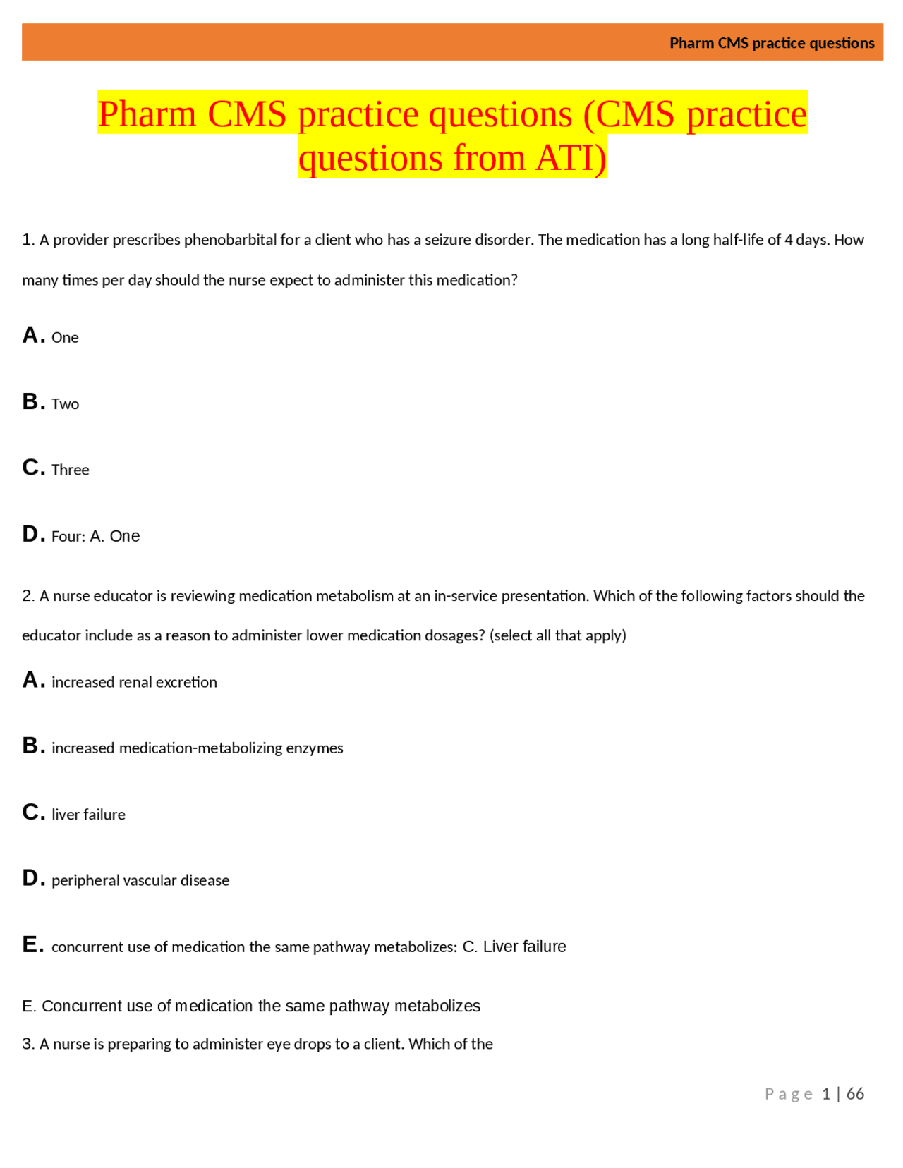 Pharm CMS practice questions (CMS practice questions from ATI) | Exams ...