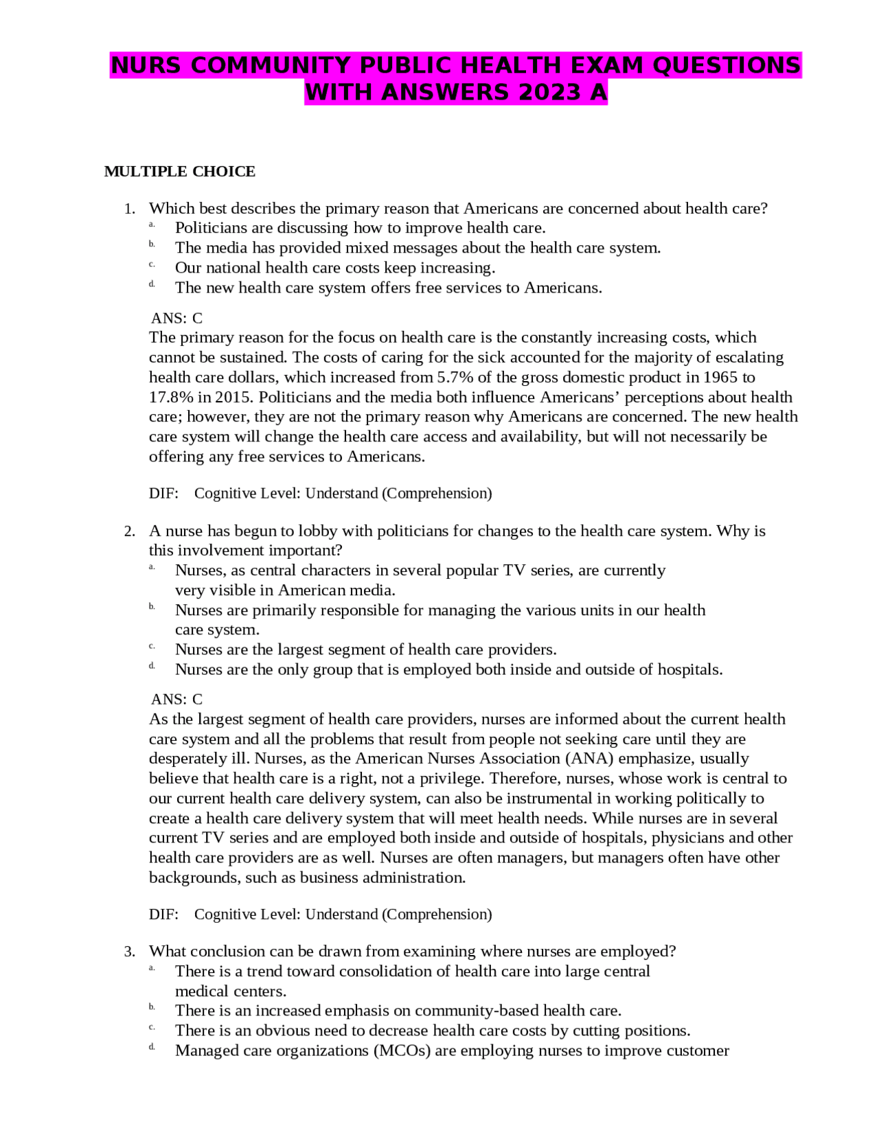 NURS COMMUNITY PUBLIC HEALTH EXAM QUESTIONS WITH ANSWERS 2023 A | Exams ...