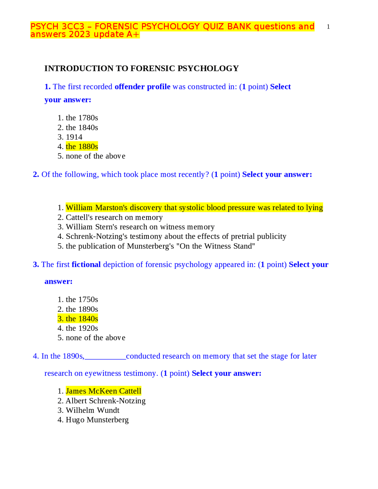 PSYCH 3CC3 – FORENSIC PSYCHOLOGY QUIZ BANK questions and answers 2023 ...