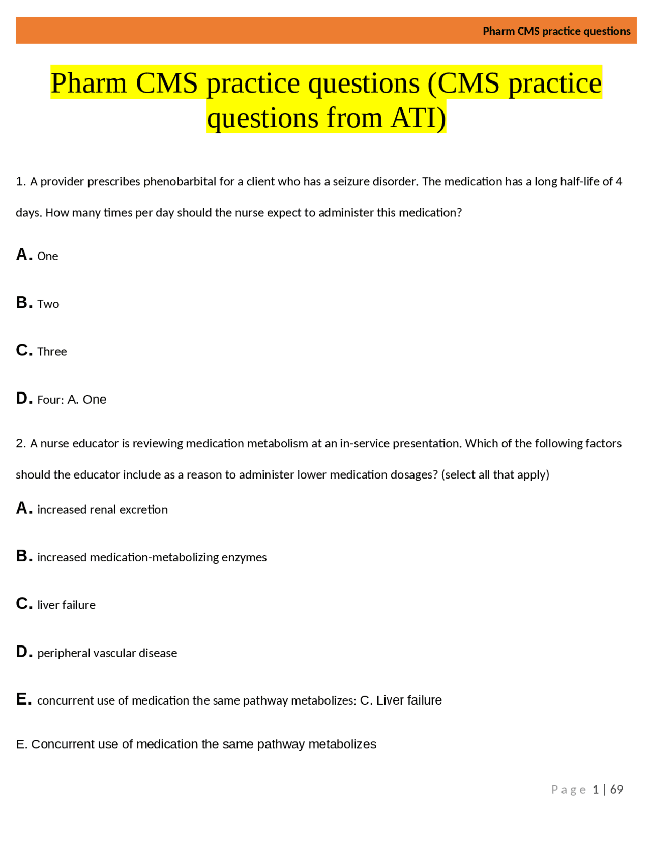 Pharm CMS practice questions (CMS practice questions from ATI) | Exams ...