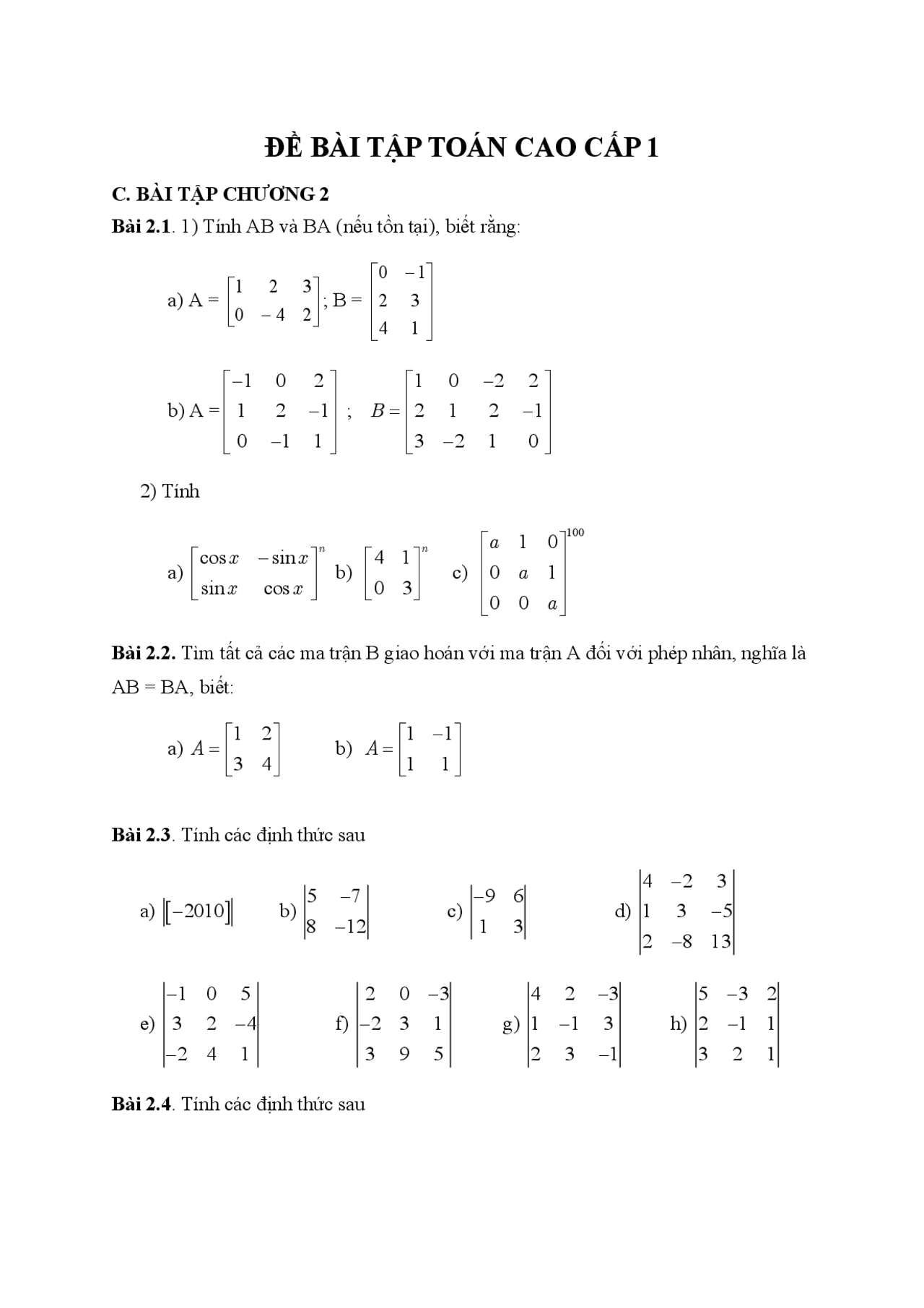 Toán cao cấp 1 bài tập | Exams Mathematics | Docsity