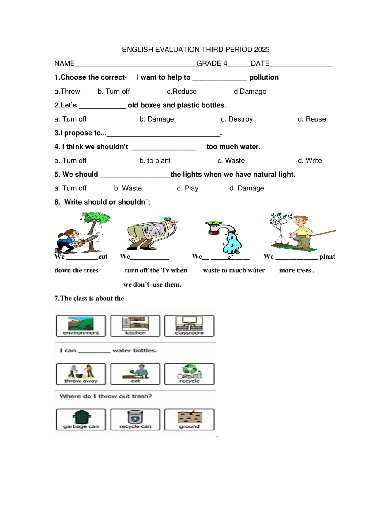 Evaluación de ingles sobre cuidado del medio ambiente para niños de 4 ...