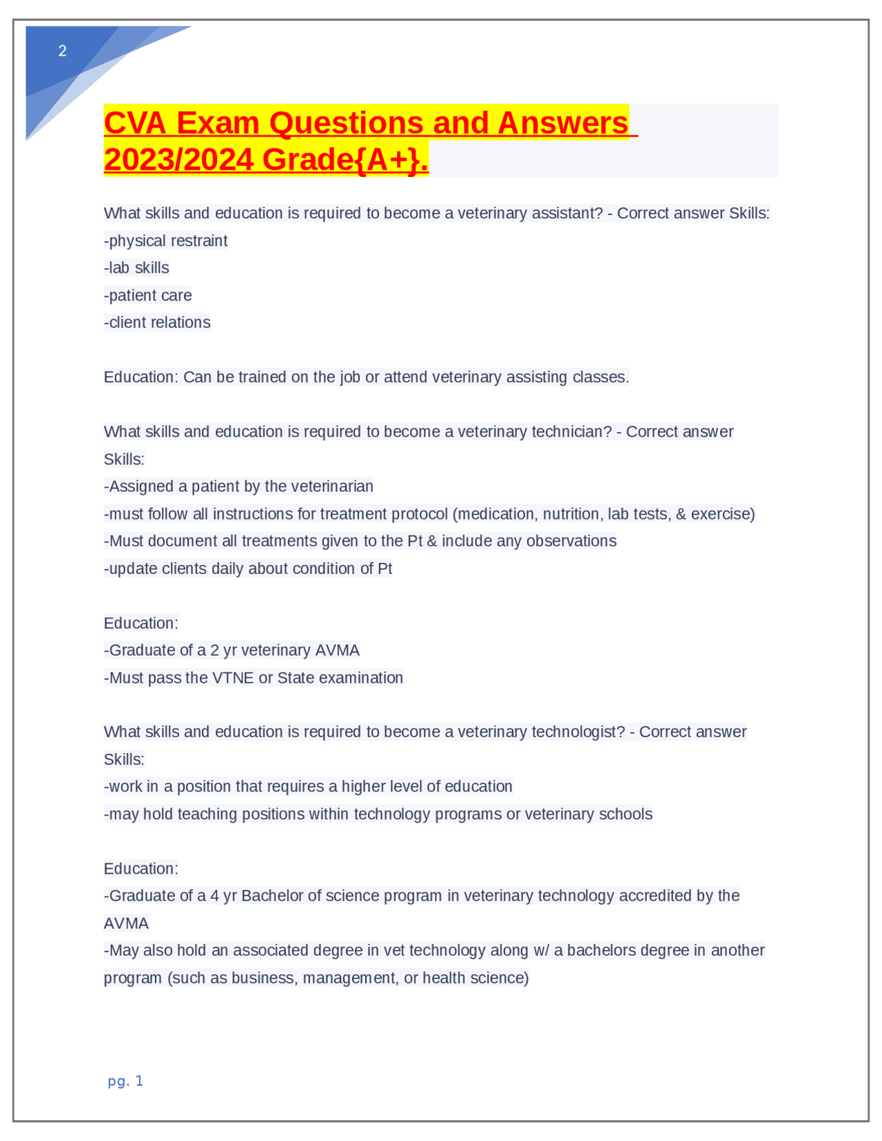 CVA Exam Questions and Answers 2023/2024 Grade{A+}. | Exams Nursing ...