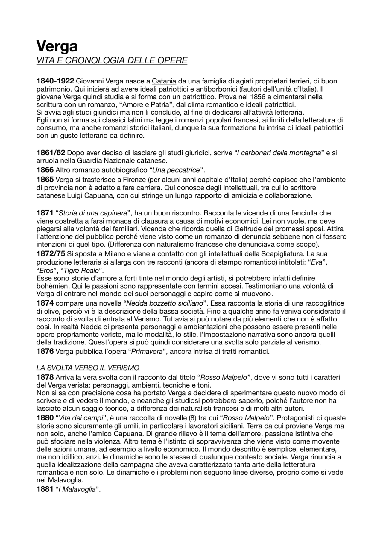 Giovanni Verga, vita e opere in ordine cronologico | Appunti di Italiano | Docsity