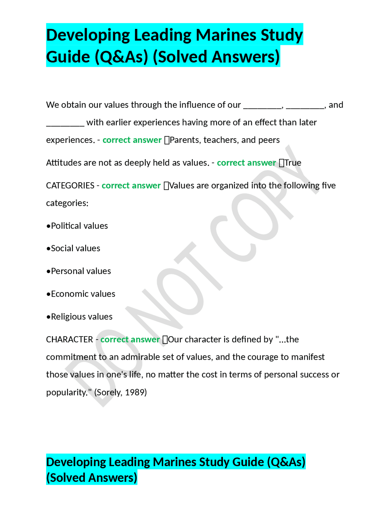 Developing Leading Marines questions and answers | Exams Nursing | Docsity
