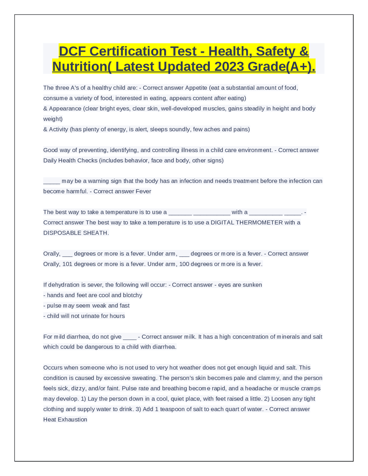 DCF Certification Test - Health, Safety & Nutrition( Latest Updated ...