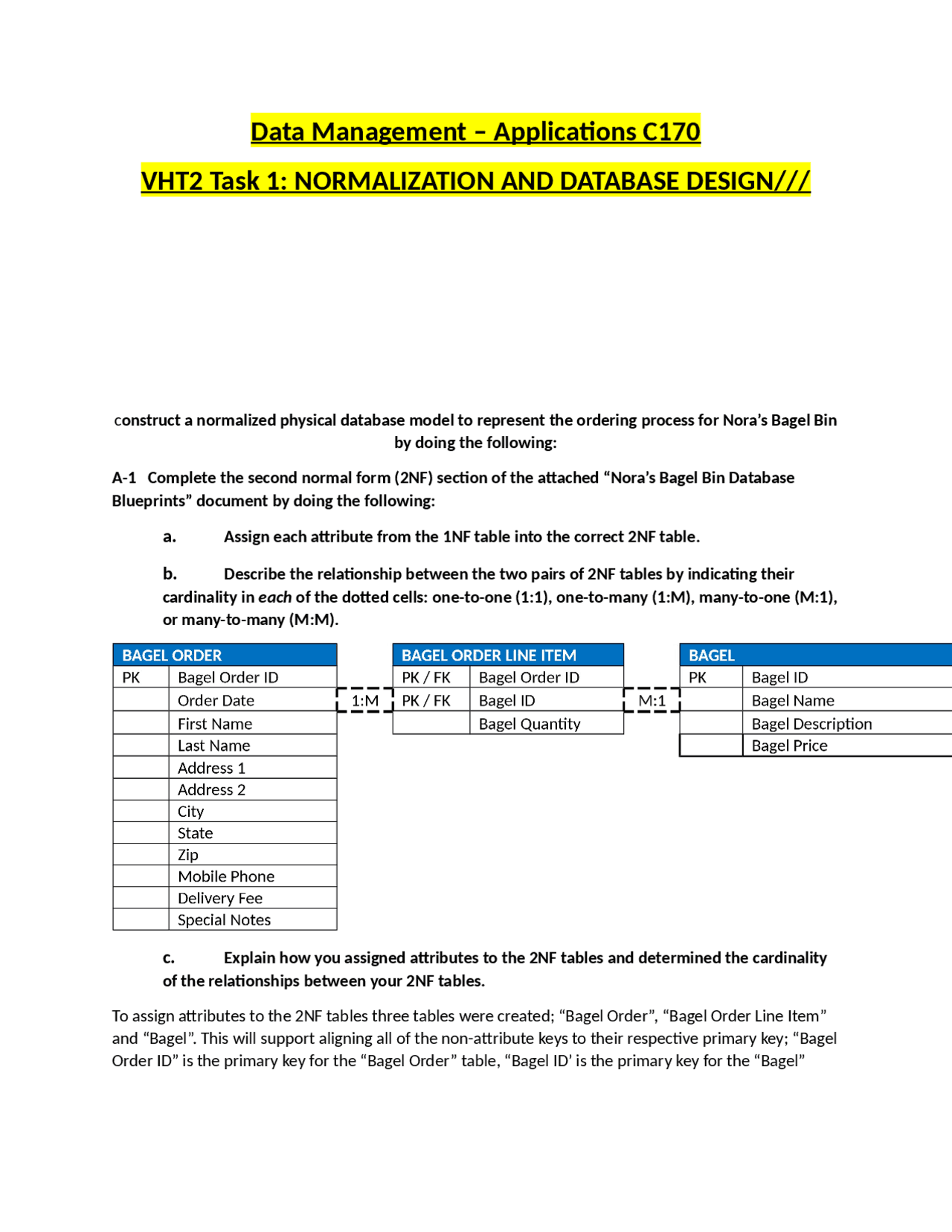 Data Management Applications C170 Vht2 Task 1 Normalization And Database Design Exams