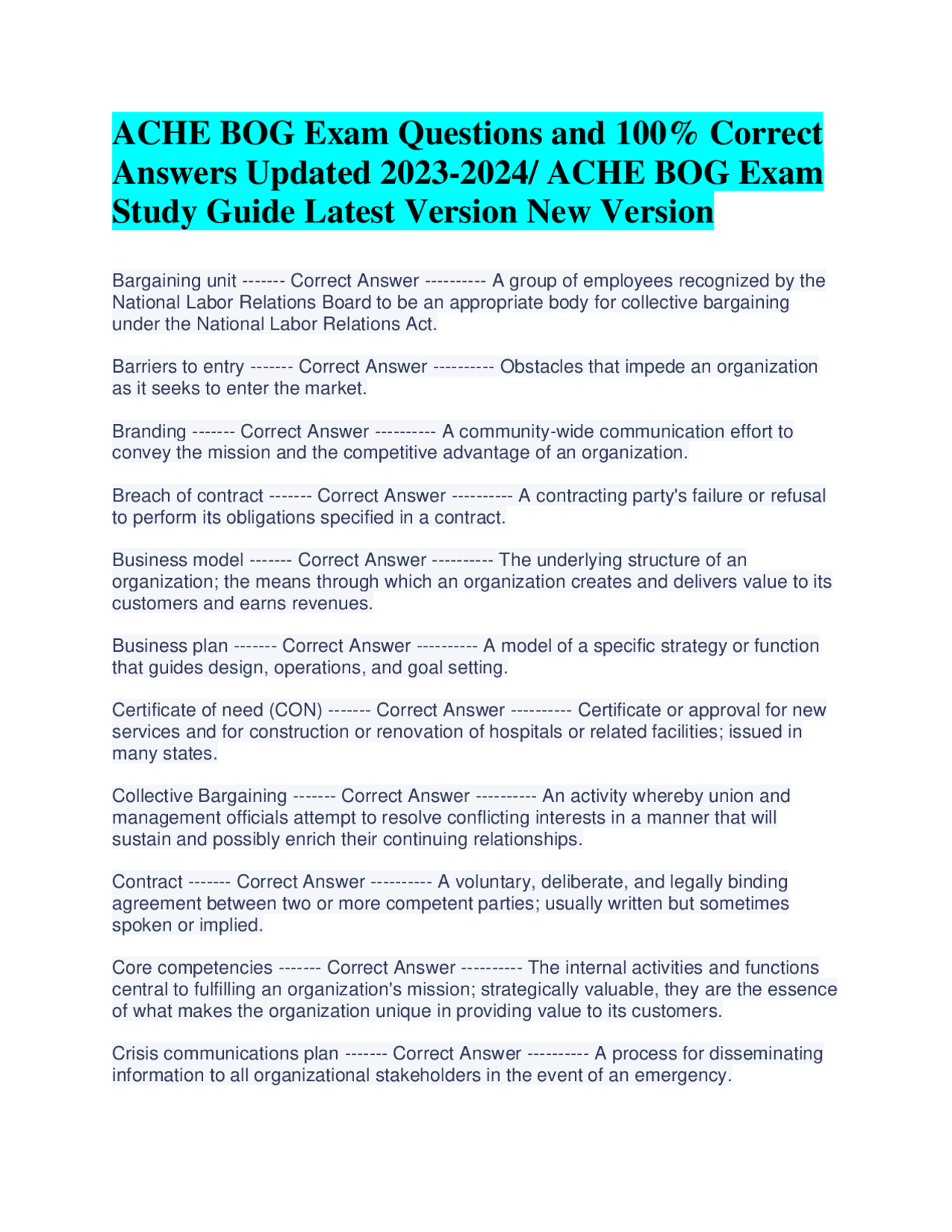 ACHE BOG Exam Questions and 100% Correct Answers Updated 2023-2024 ...