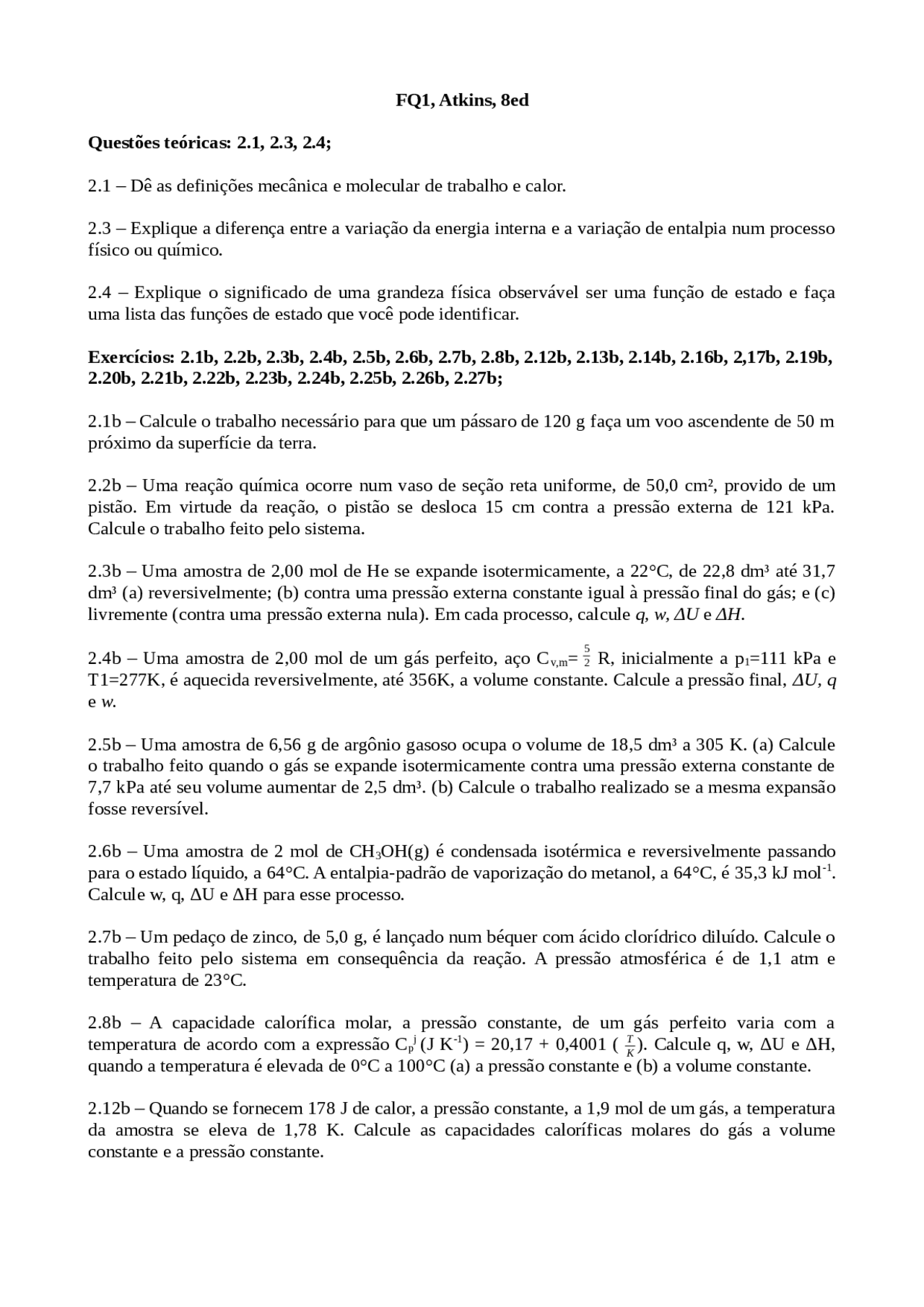 Exercícios De Termodinâmica Exercícios Físico Química Docsity