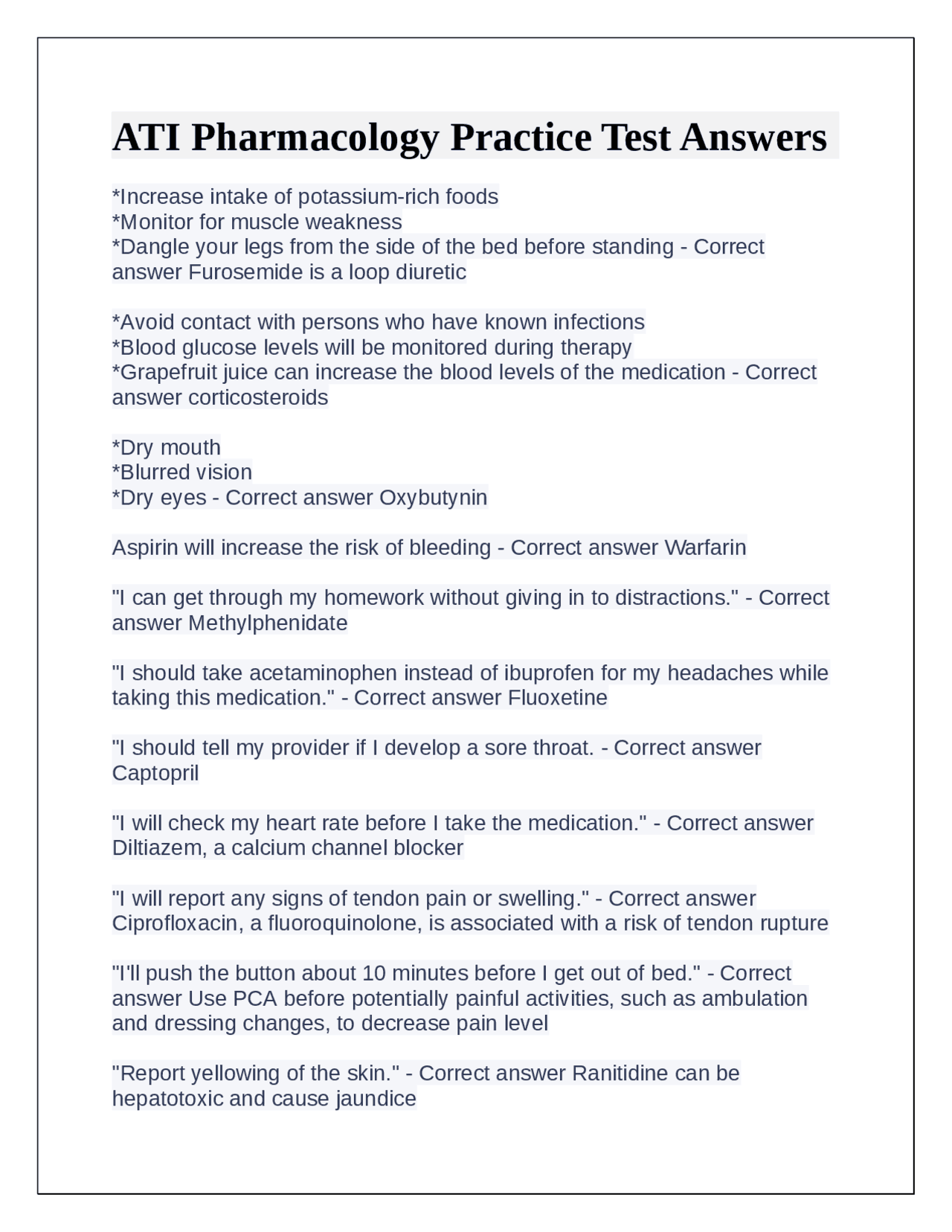ATI Pharmacology Practice Test Answers | Exams Nursing | Docsity