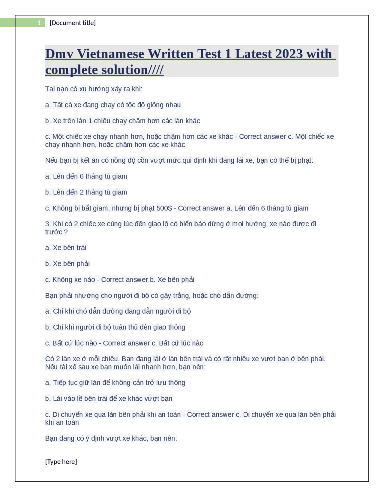 Dmv Vietnamese Written Test 1 Latest 2023 with complete solution ...