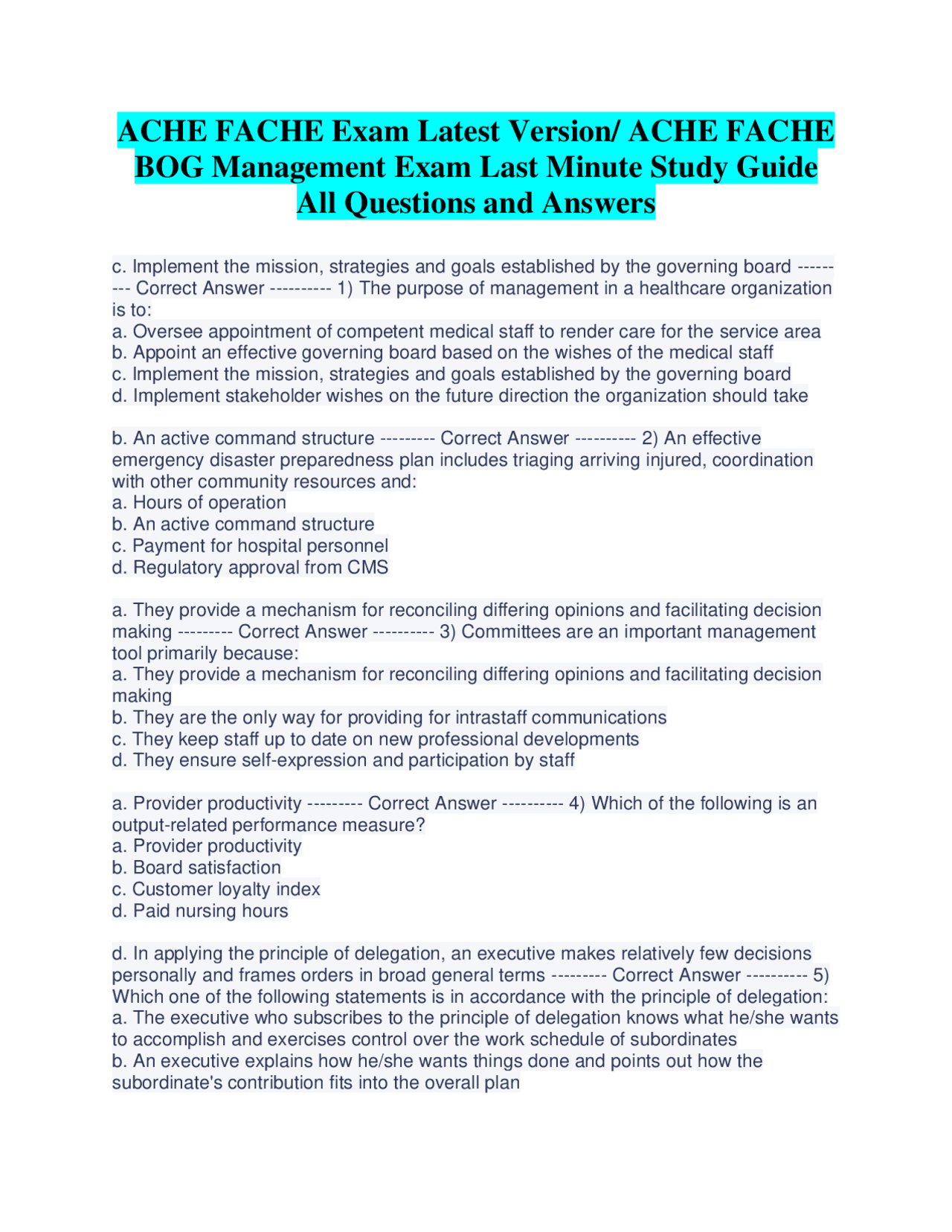 ACHE FACHE Exam Latest Version/ ACHE FACHE BOG Management Exam Last ...