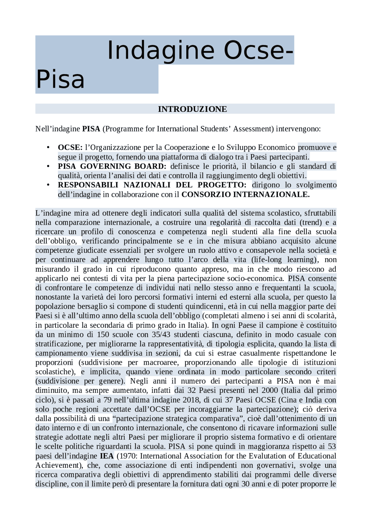 INDAGINE OCSE-PISA (RIASSUNTO PER RISPONDERE AL DOMANDARIO PISA ...