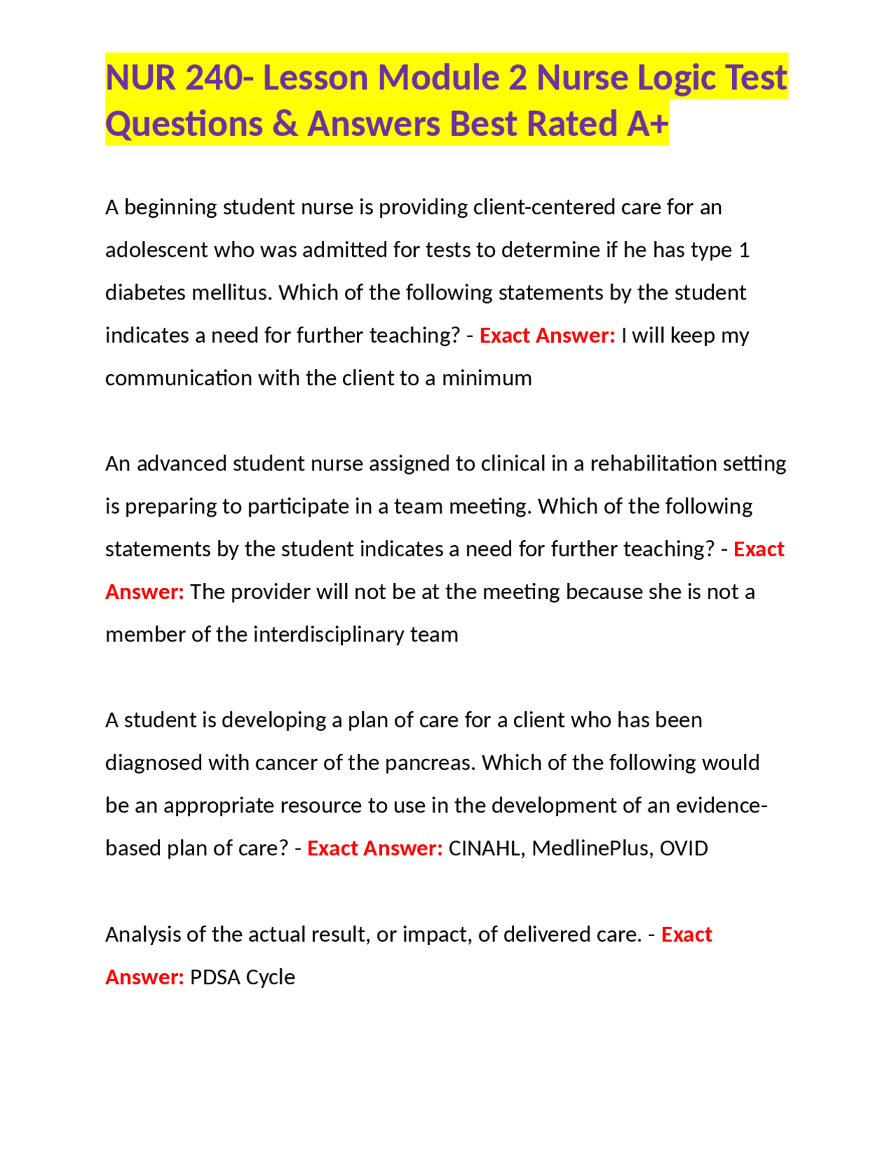 Nur 240 Lesson Module 2 Nurse Logic Test Questions And Answers Best