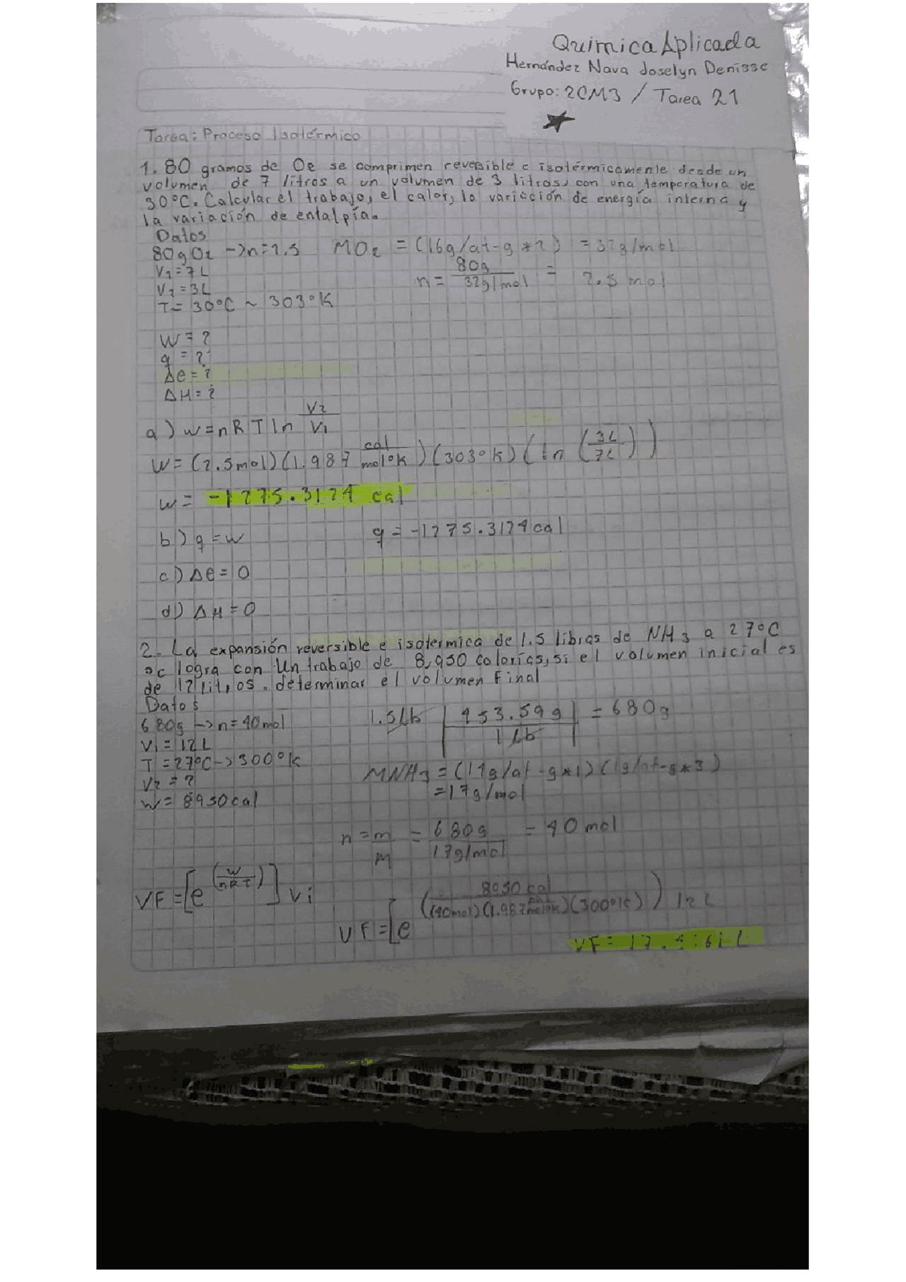 Ejercicios de proceso isotérmico | Ejercicios de Química Aplicada | Docsity