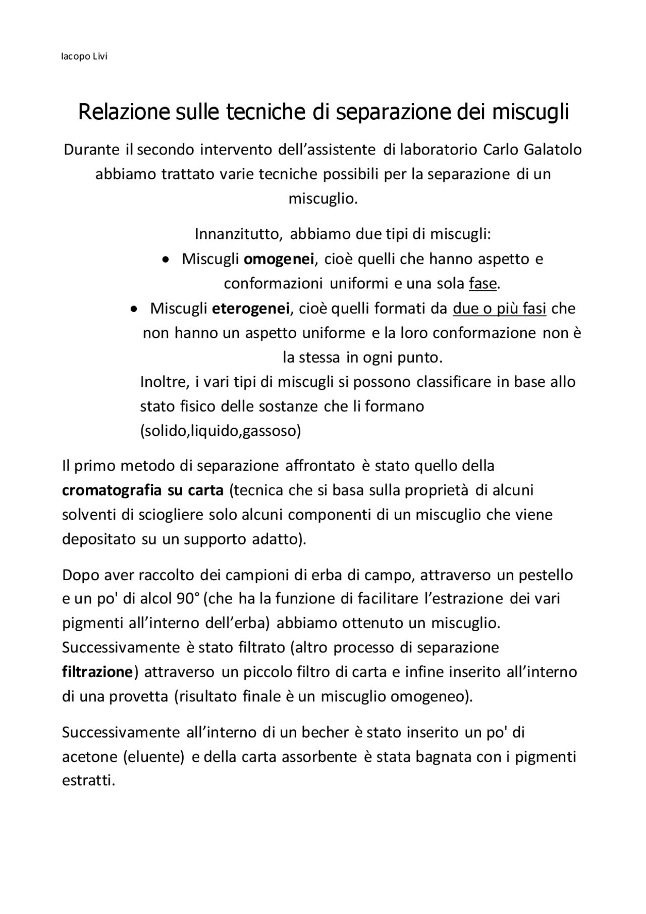 Relazione Di Laboratorio Sulle Tecniche Di Separazione Dei Miscugli