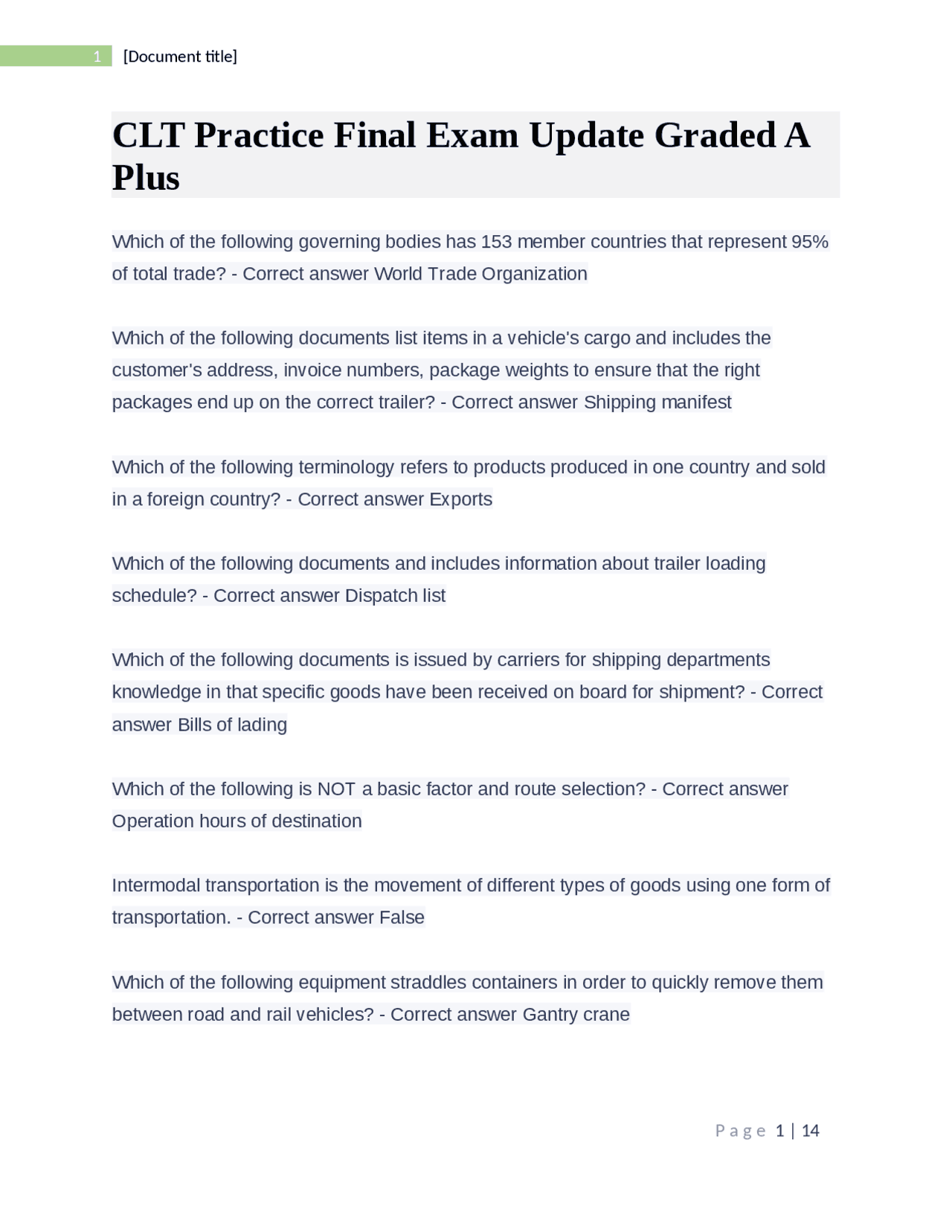 CLT Practice Final Exam Update Graded A Plus | Exams Banking Law and ...